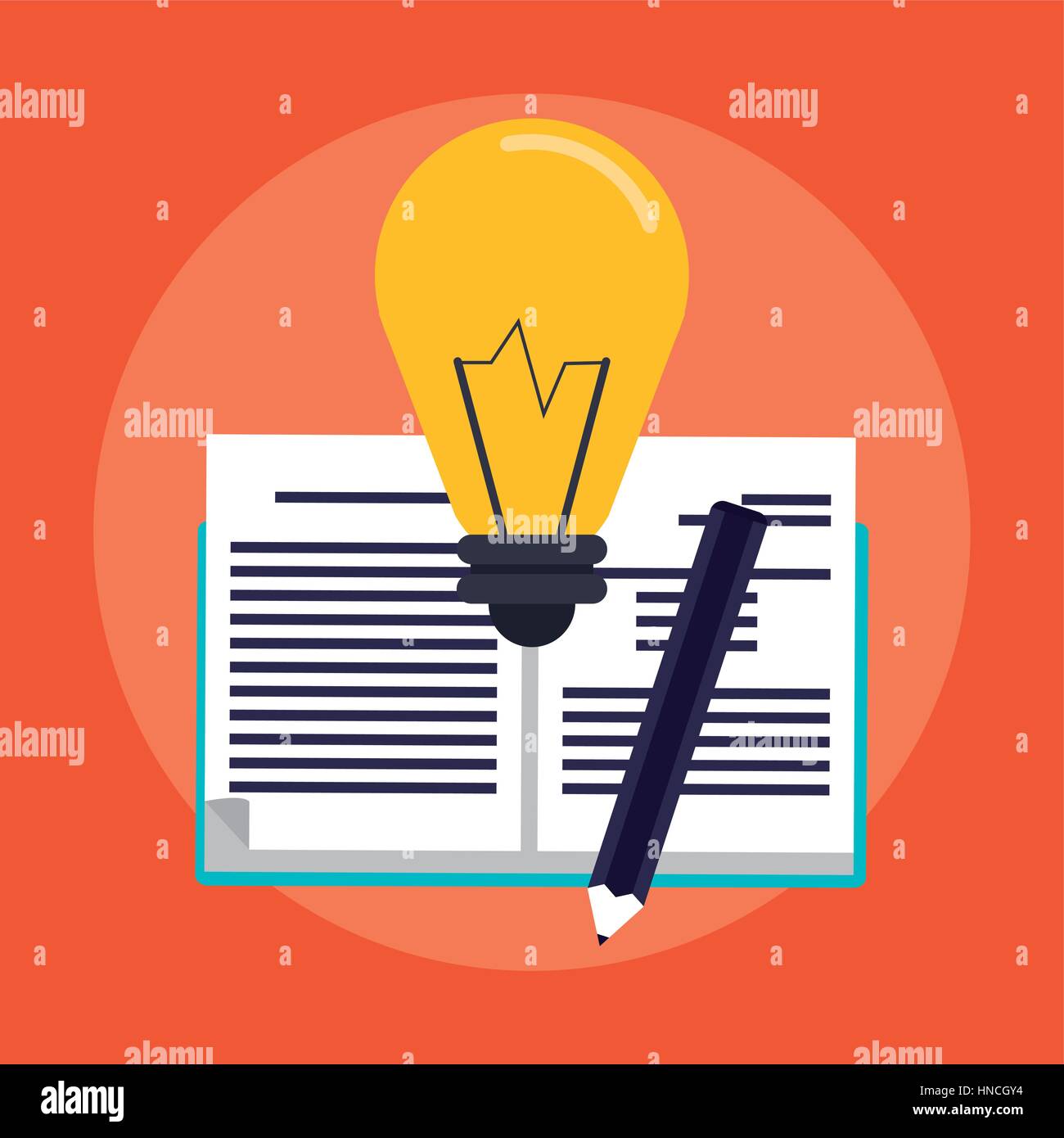 book, bulb light and pencil over red background. colorful design ...