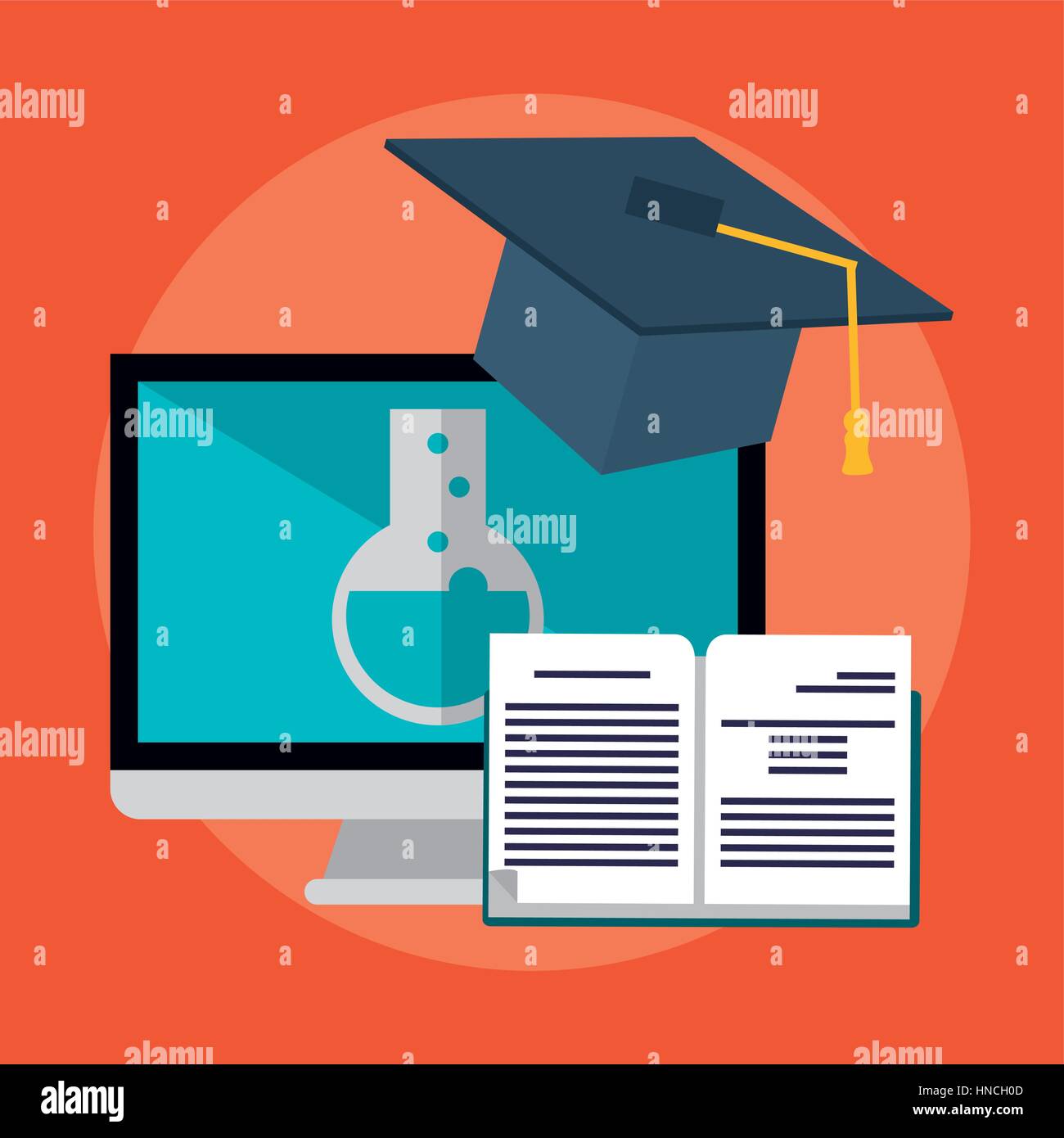 computer with graduation cap and books over red background. colorful ...