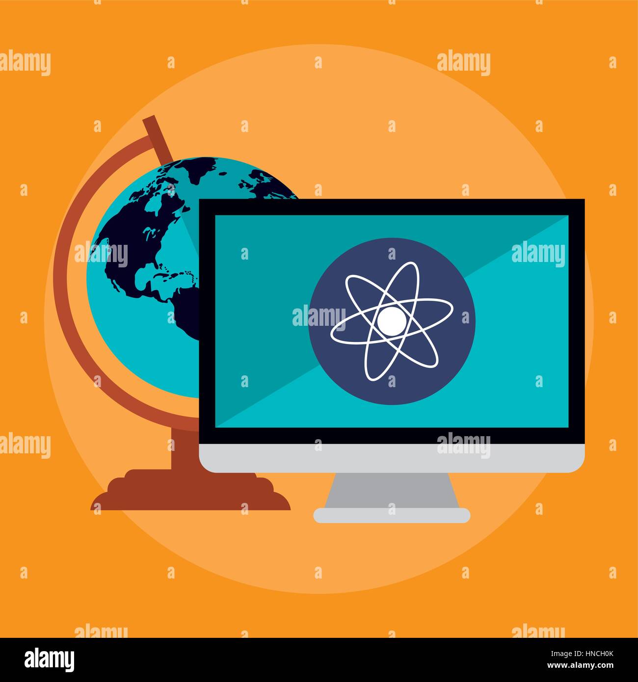 earth planet, computer with atom icon on screen over yellow background ...