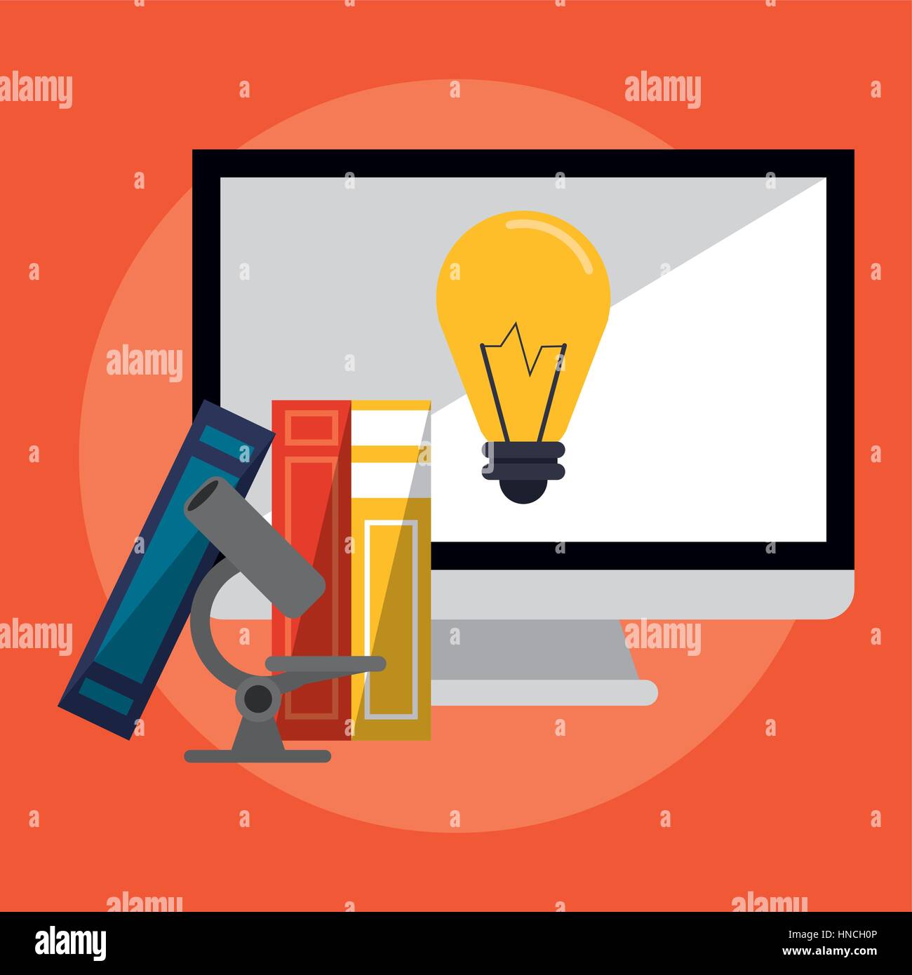 computer with books and microscope over red background. colorful design ...