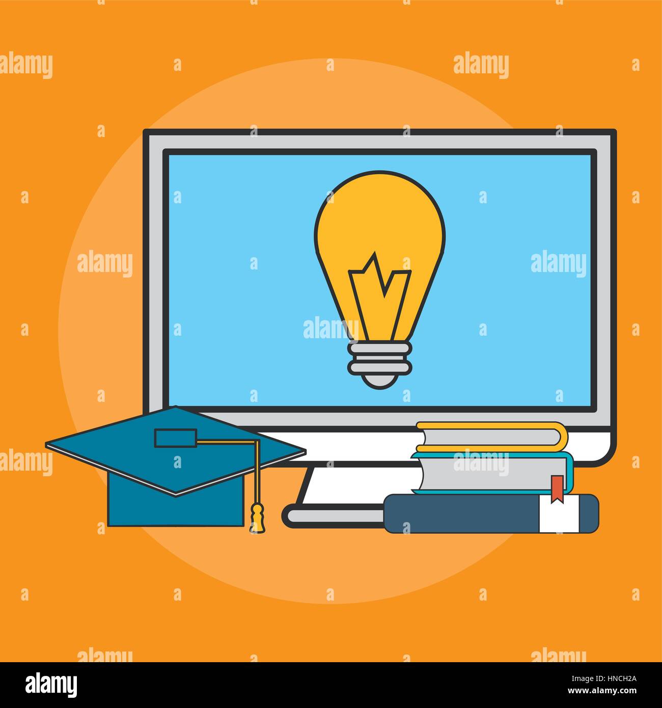 computer with graduation cap and books over yellow background. colorful ...