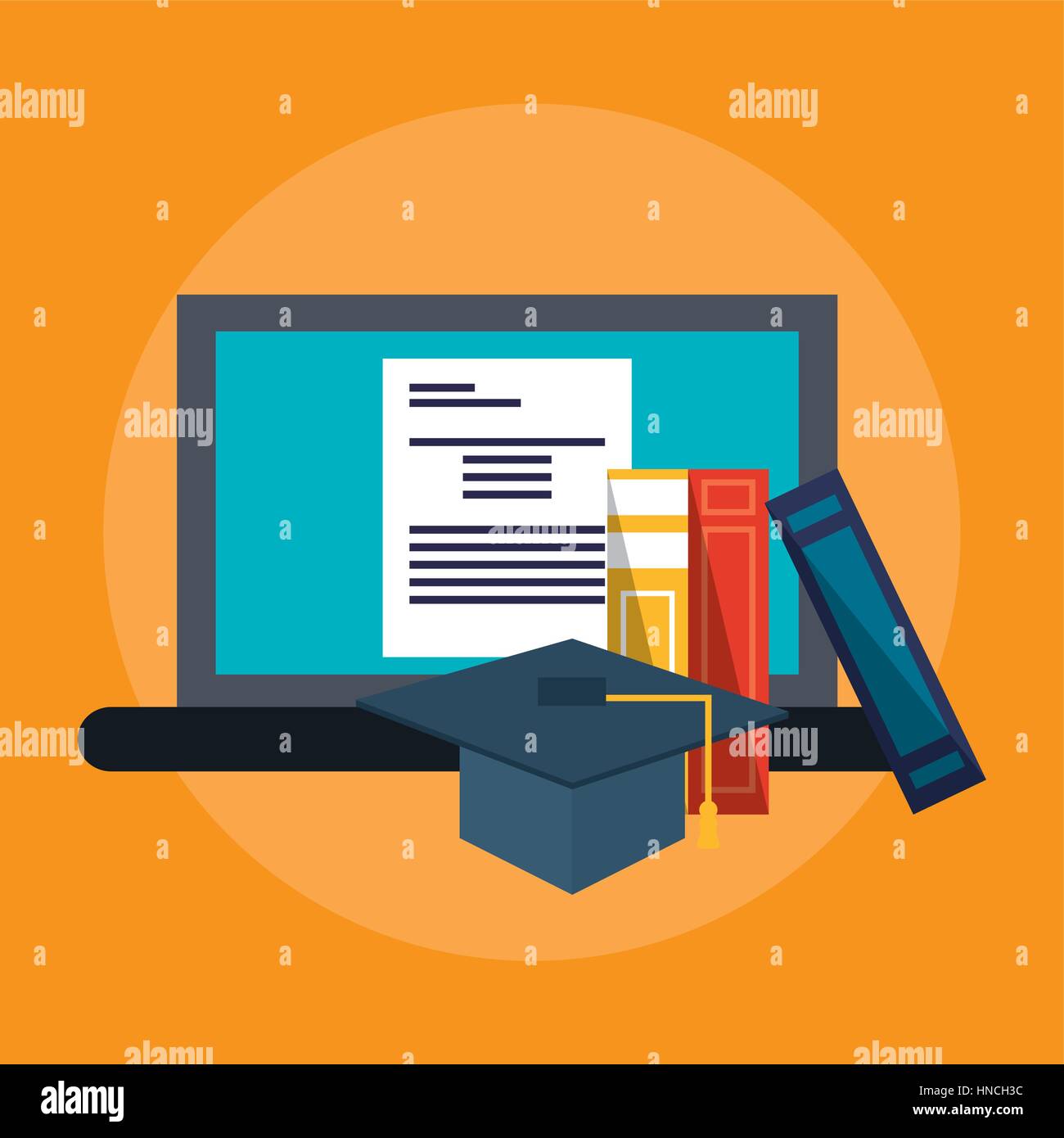 computer with graduation cap and books over yellow background. colorful ...