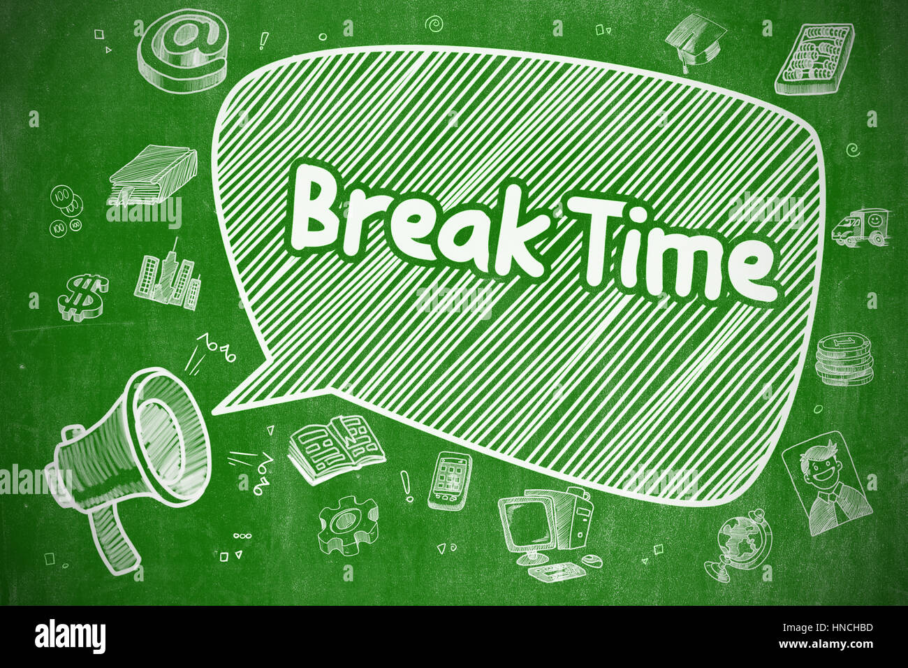 Break Time - Cartoon Illustration on Green Chalkboard Stock Photo - Alamy