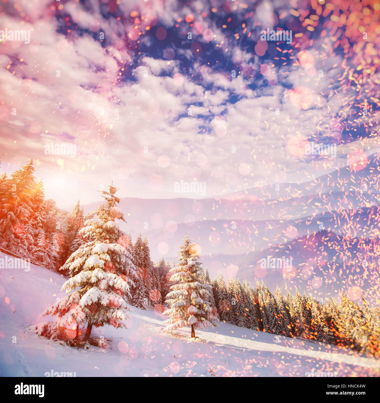 Fabulous winter landscape in the mountains, background with som Stock ...