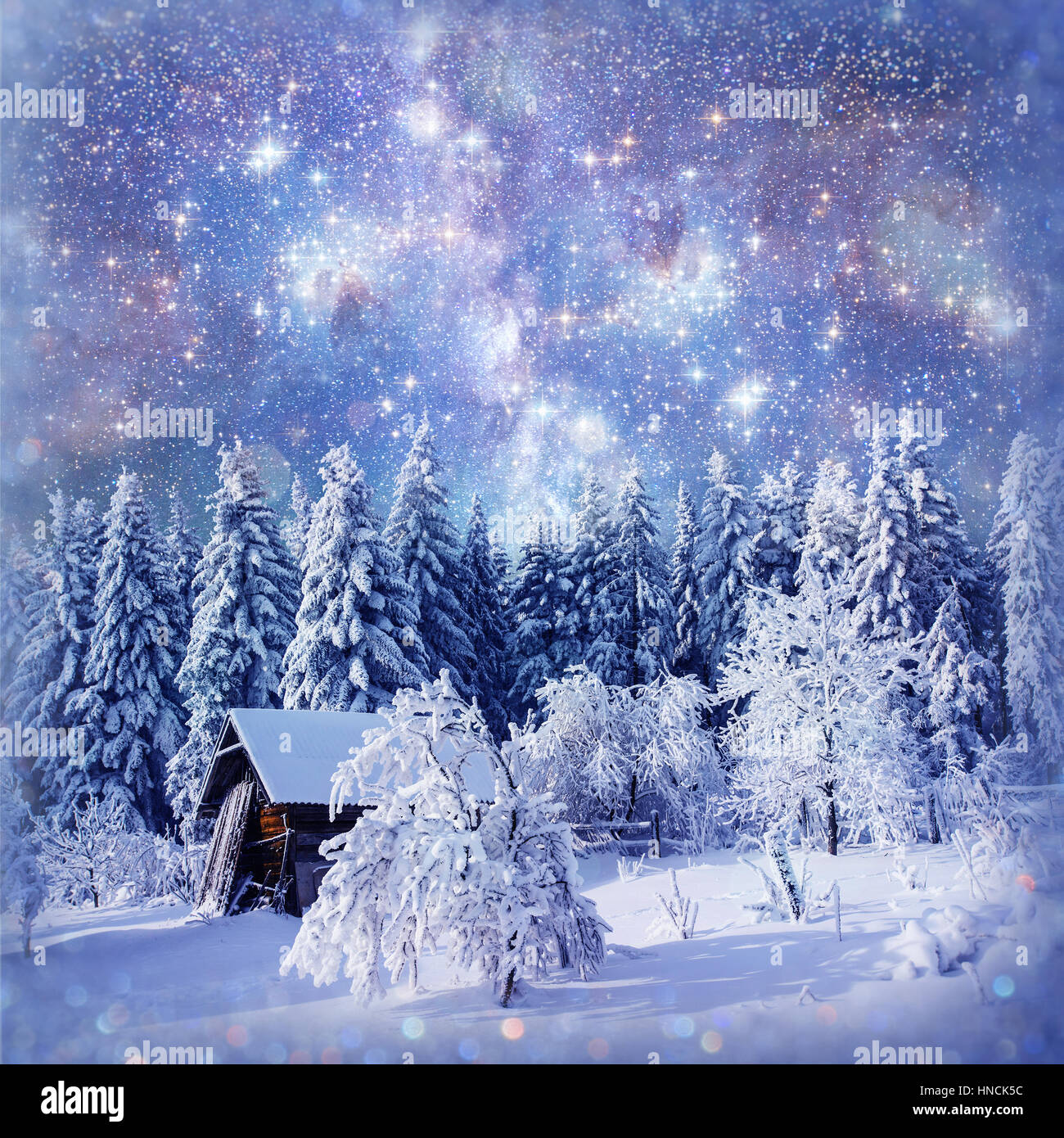 fantastic winter landscape. Chalet under the stars. background w Stock ...