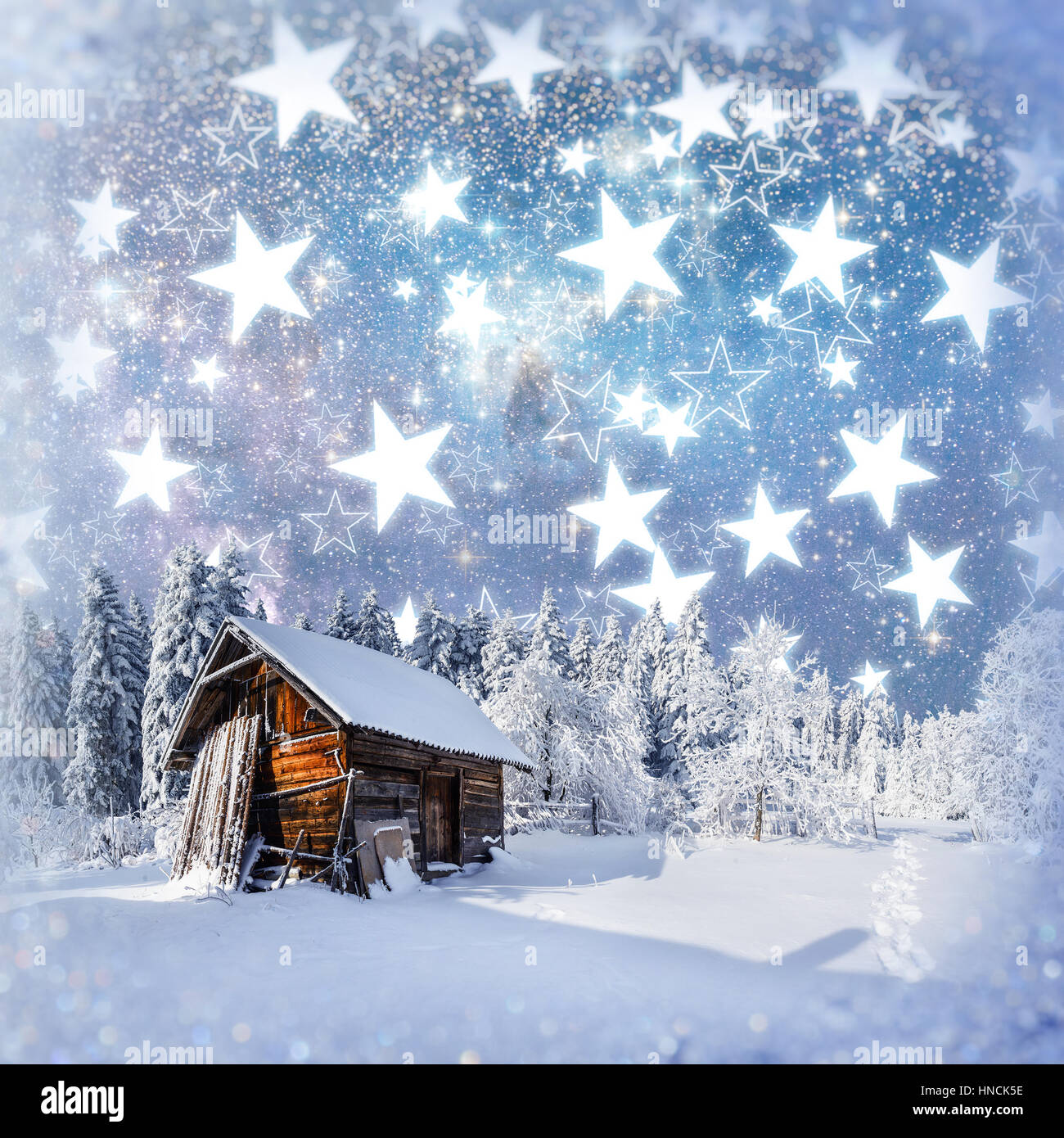 fantastic winter landscape. Chalet under the stars. background w Stock ...