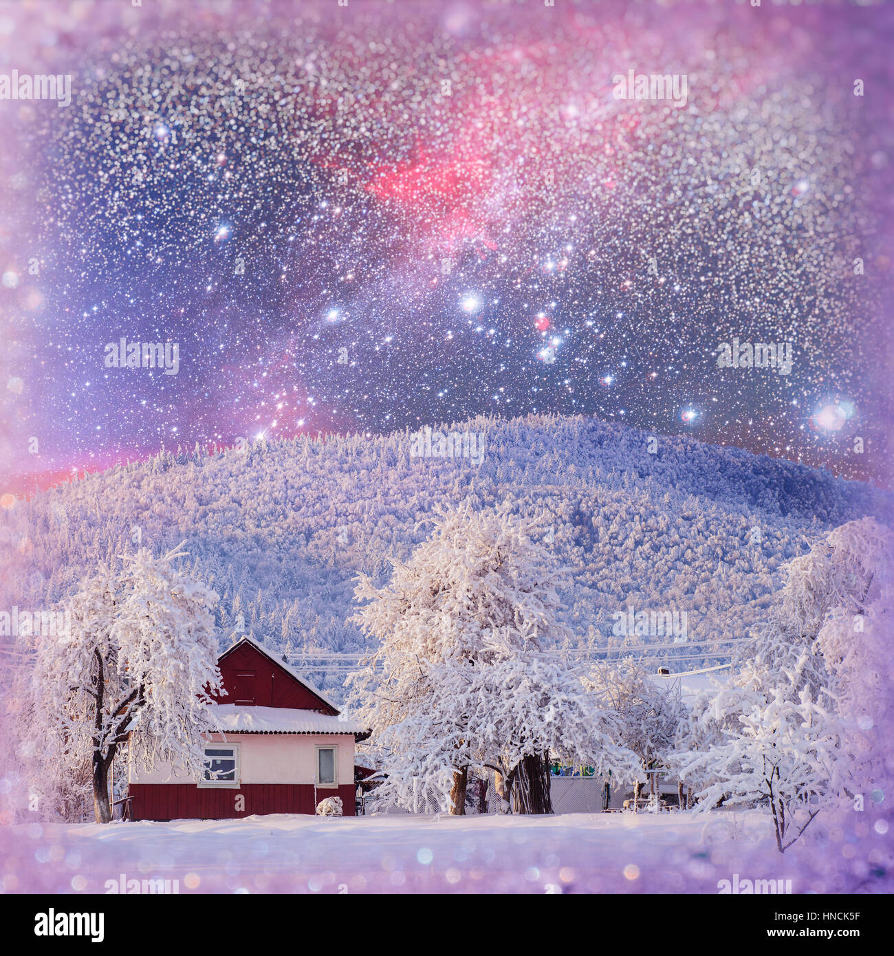 fantastic winter landscape. Chalet under the stars. background w Stock ...