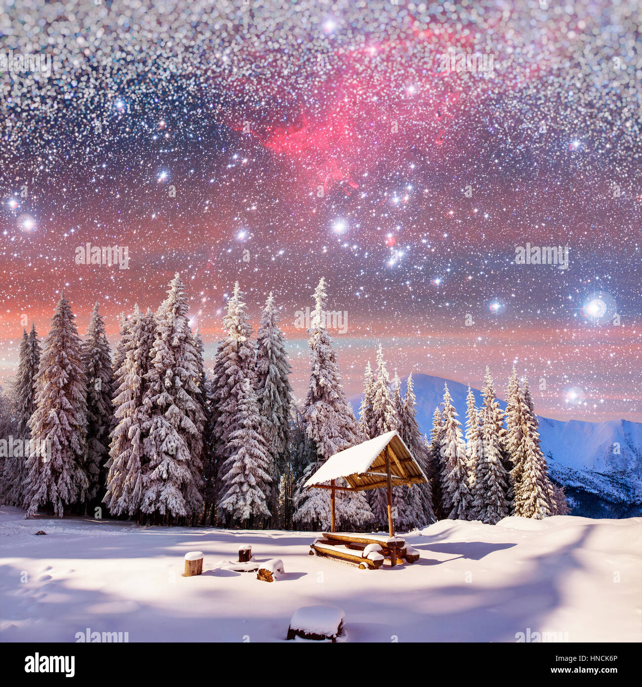 starry sky in a fantastic New Year's Eve. Winter background with Stock ...