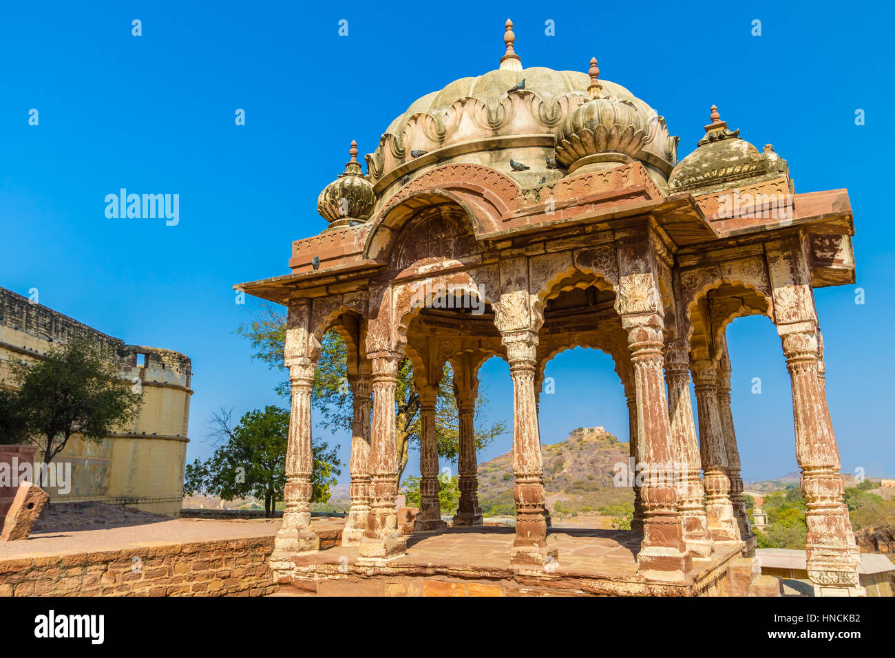 A stone mandapa (platform) outside the entrance of the Mehrangarh Fort ...