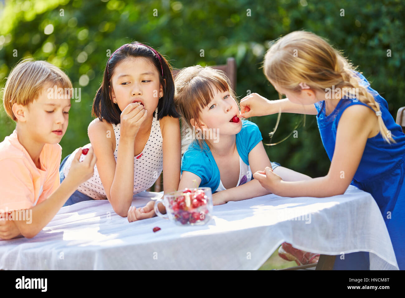 Children eating together cherries as friends in garden Stock Photo - Alamy