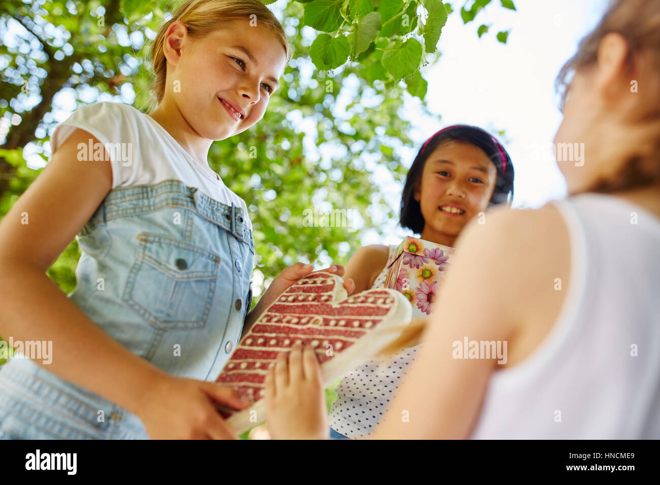 Girl gives birthday present to friend and congratulates her Stock Photo ...