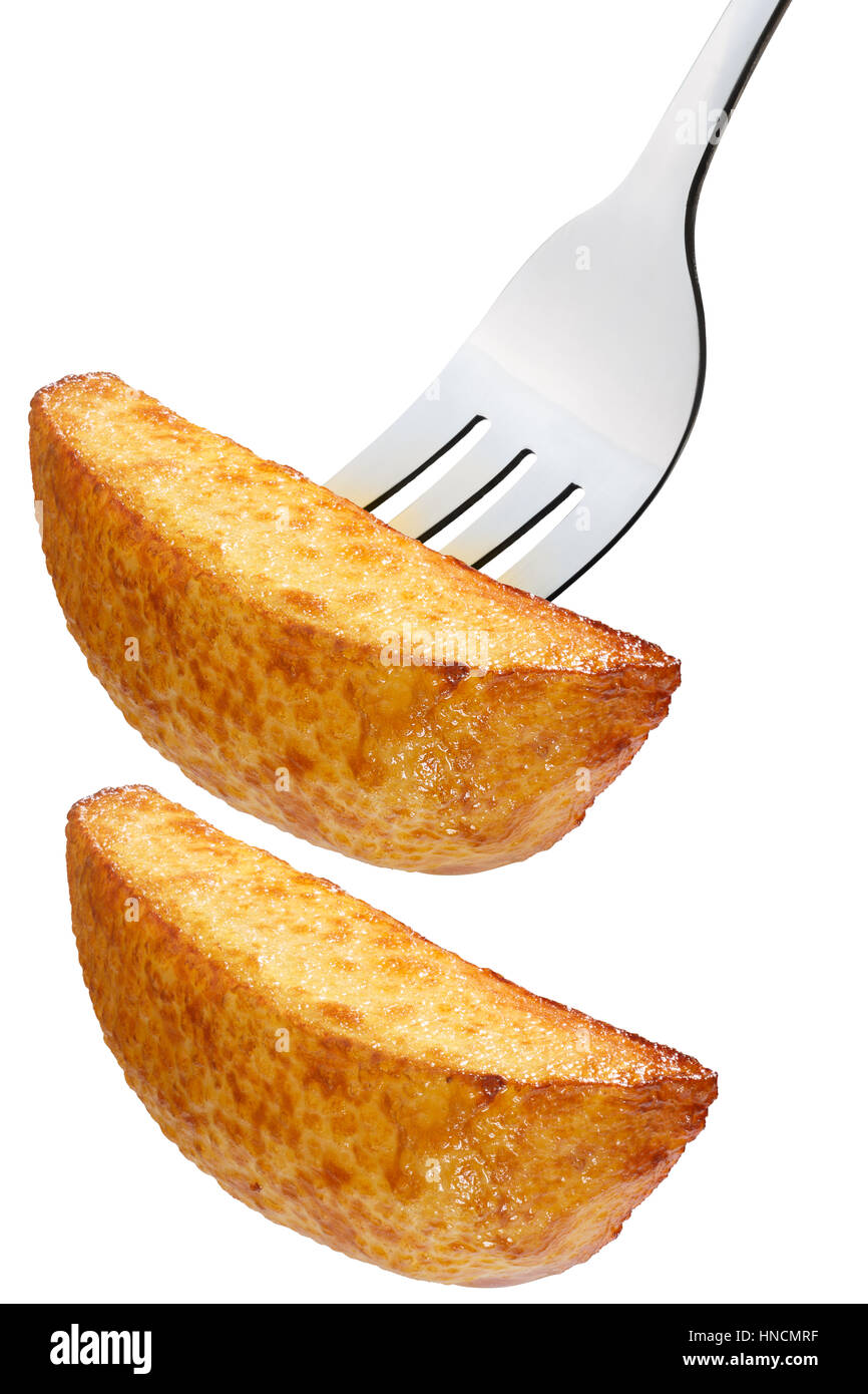 Quarter slice or chip of baked fried potato, on a fork and alone ...