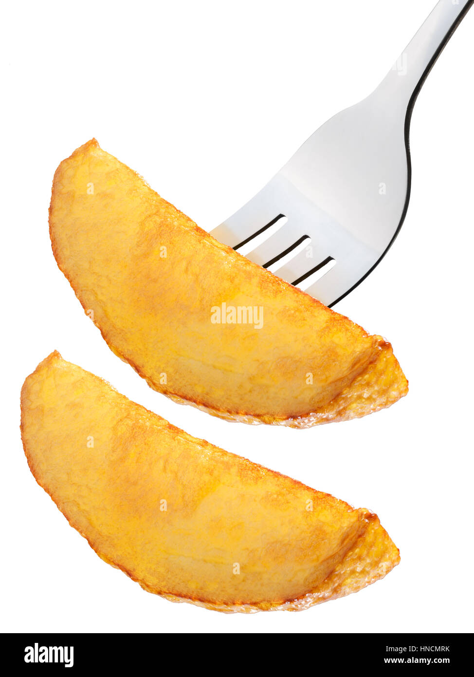 Quarter slice or chip of baked fried potato, on a fork and alone ...