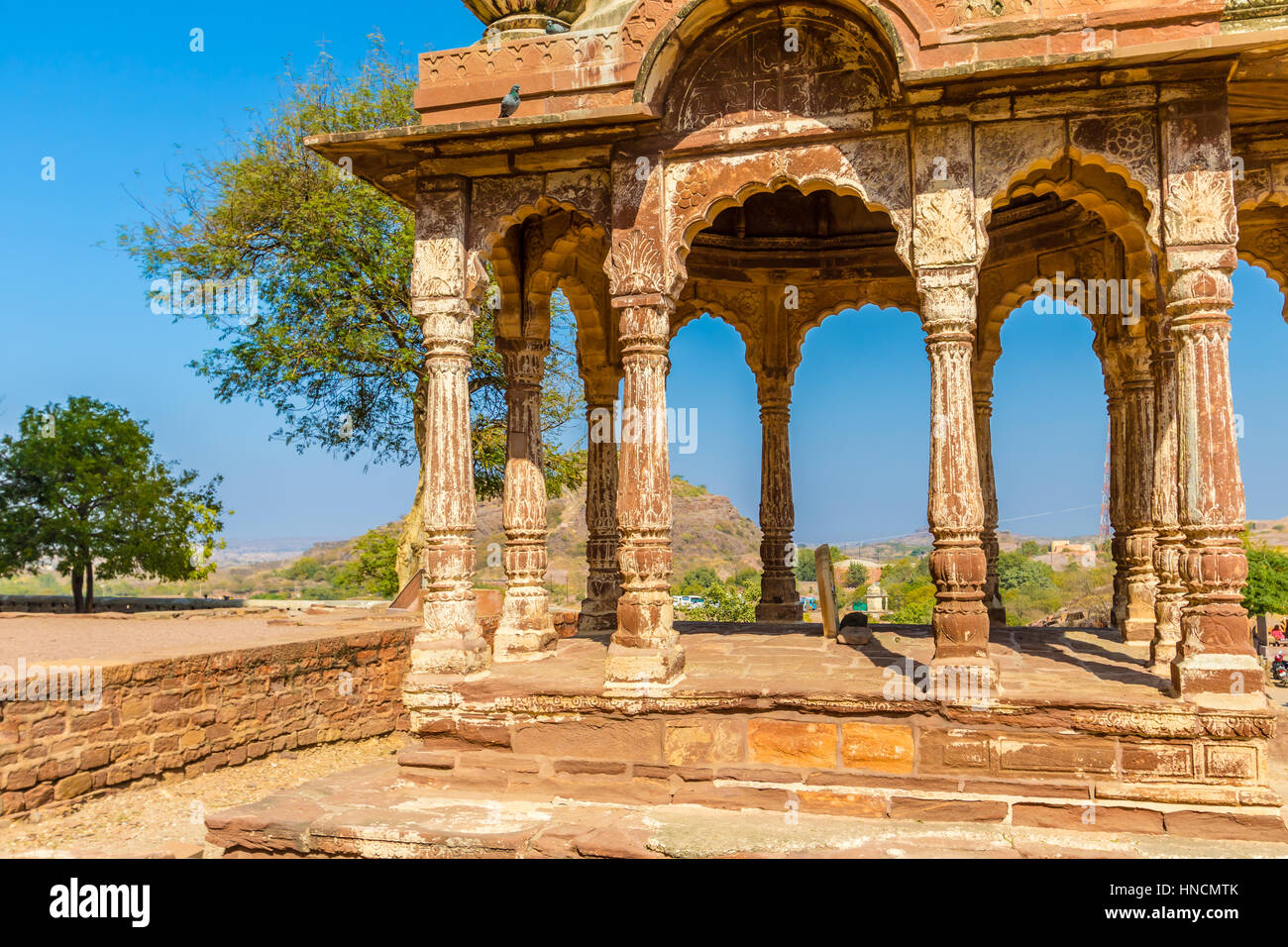 A stone mandapa (platform) outside the entrance of the Mehrangarh Fort ...