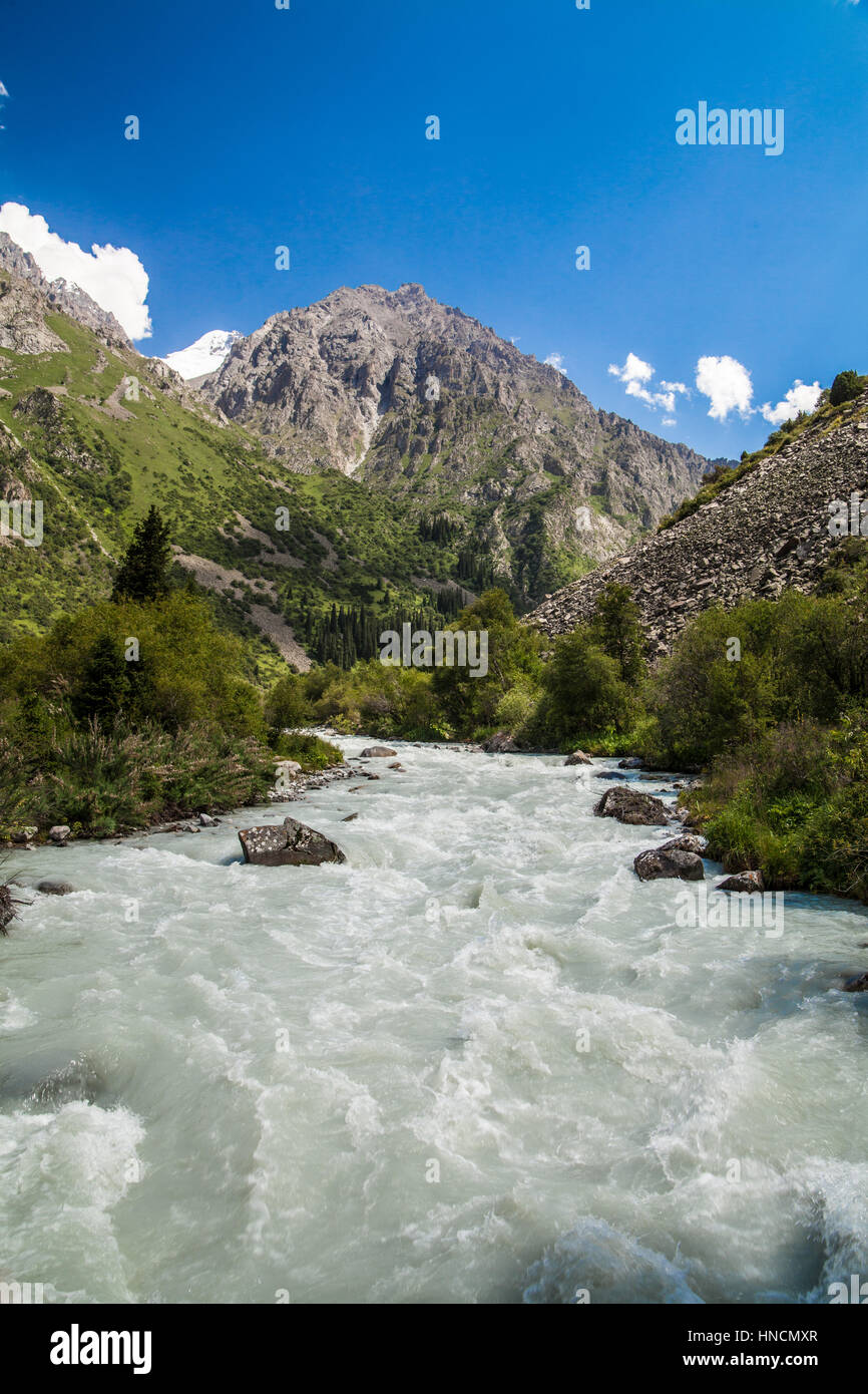 Beautiful mountain landscape with river at Tian Shan mountains ...