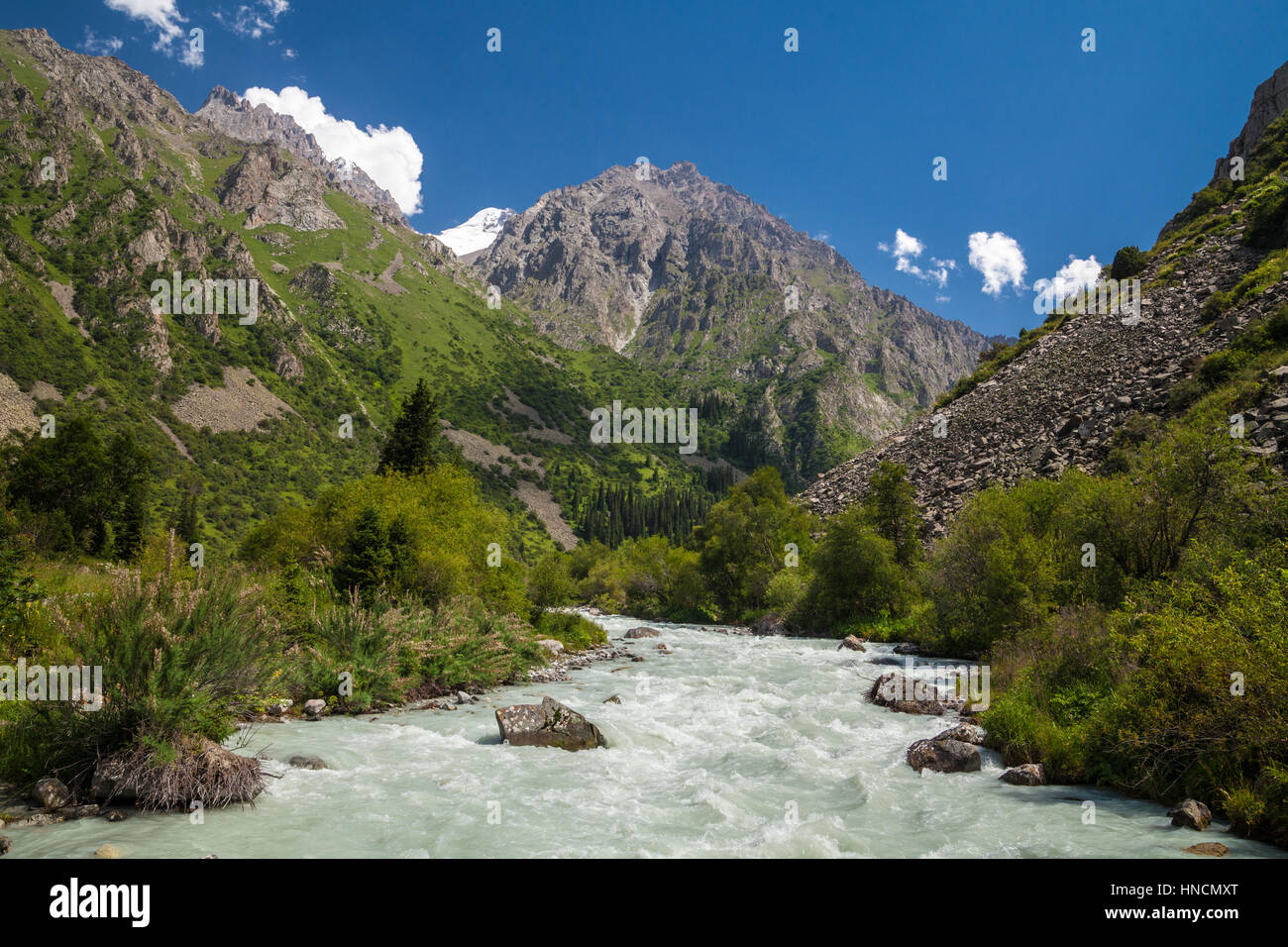 Beautiful mountain landscape with river at Tian Shan mountains ...