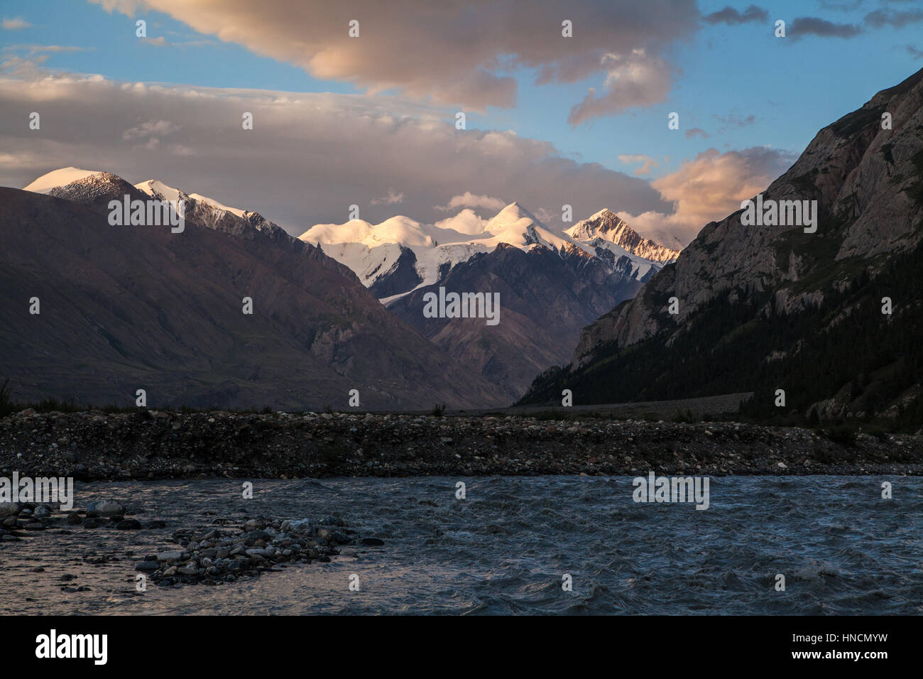 Beautiful evening landscape with high mountain, trees and shadow Stock ...