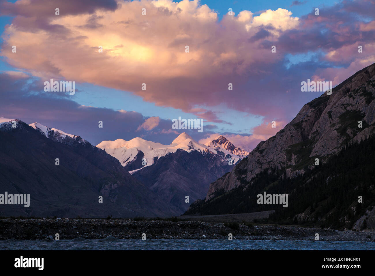 Beautiful evening landscape with high mountain, trees and shadow Stock ...