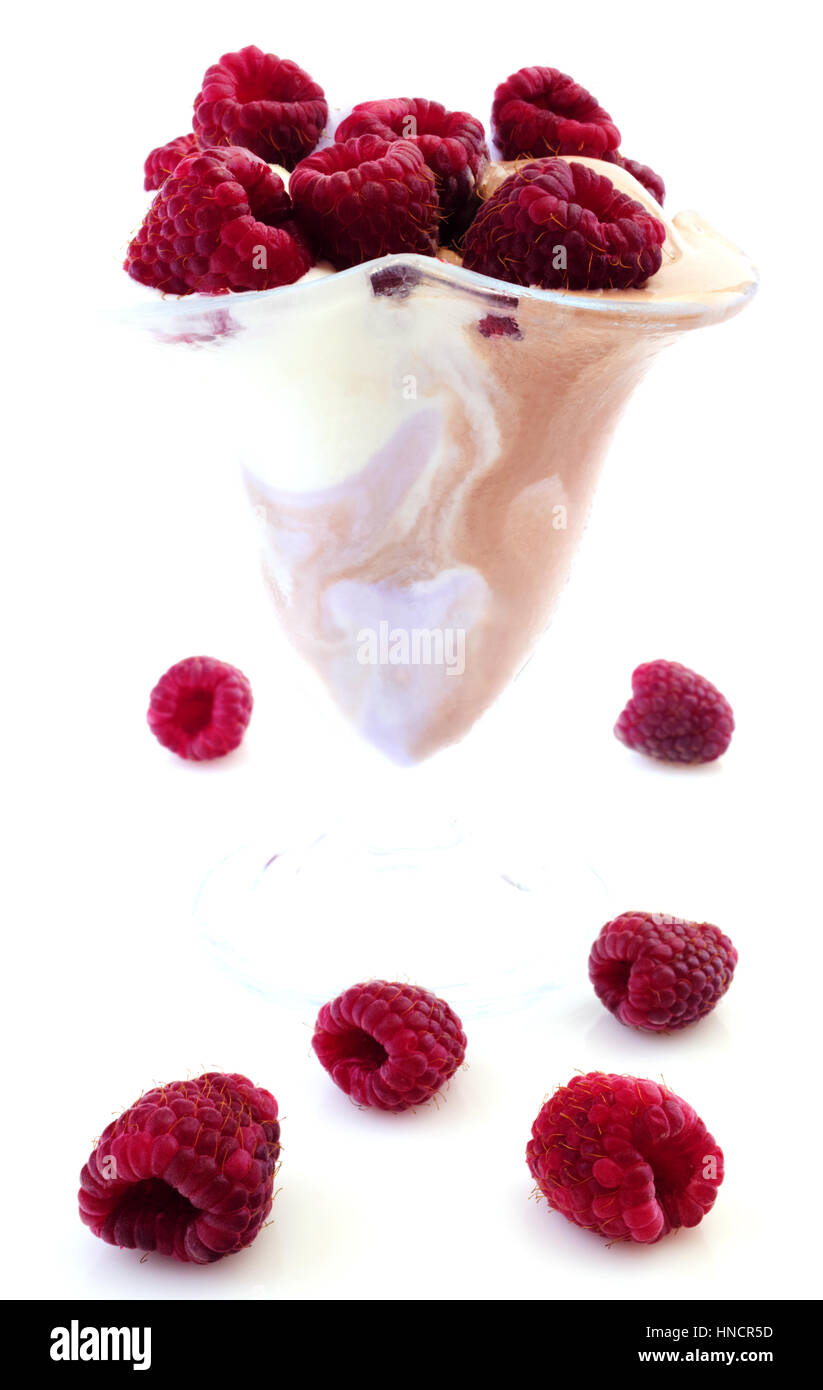 Ice cream with raspberries isolated on white background closeup Stock ...
