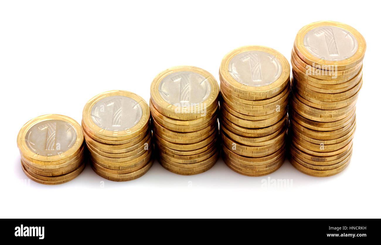 Ladder of coins on white background Stock Photo - Alamy