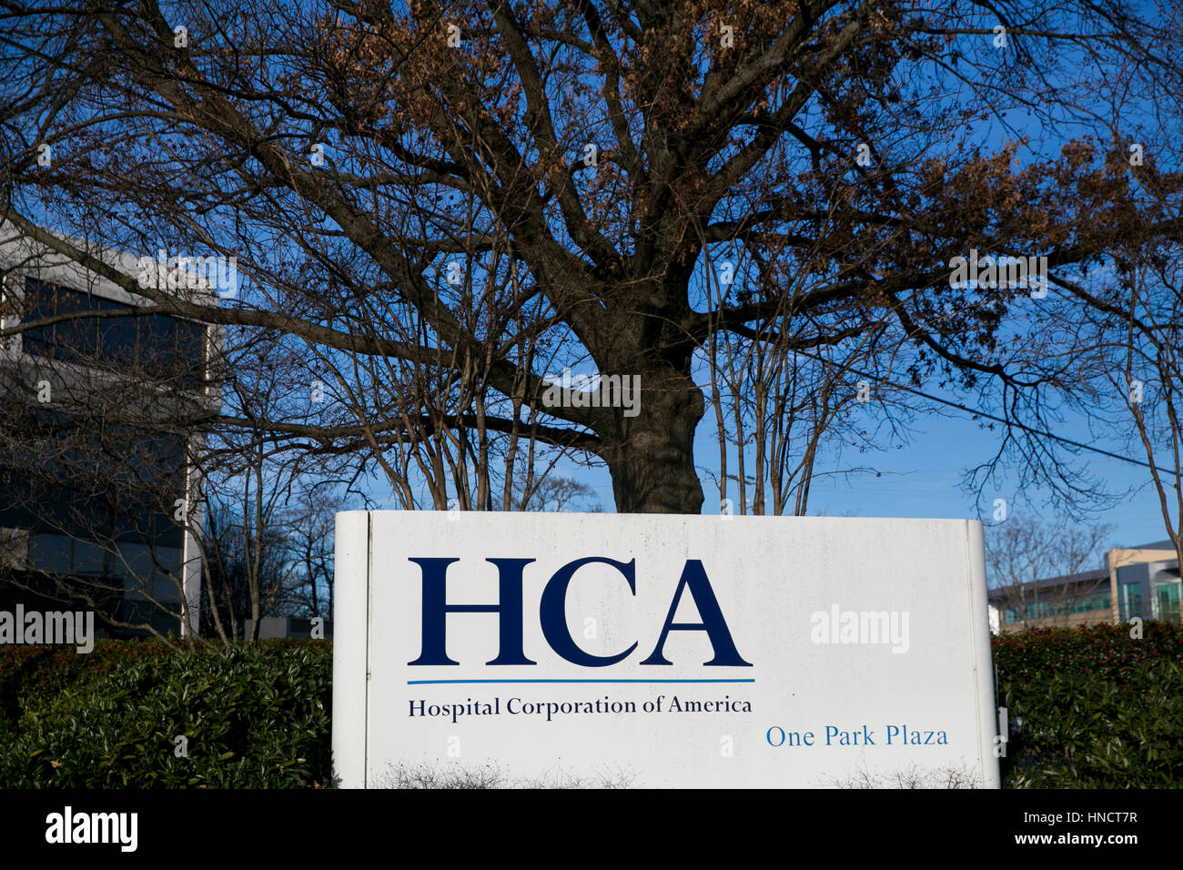 A logo sign outside of the headquarters of the Hospital Corporation of ...