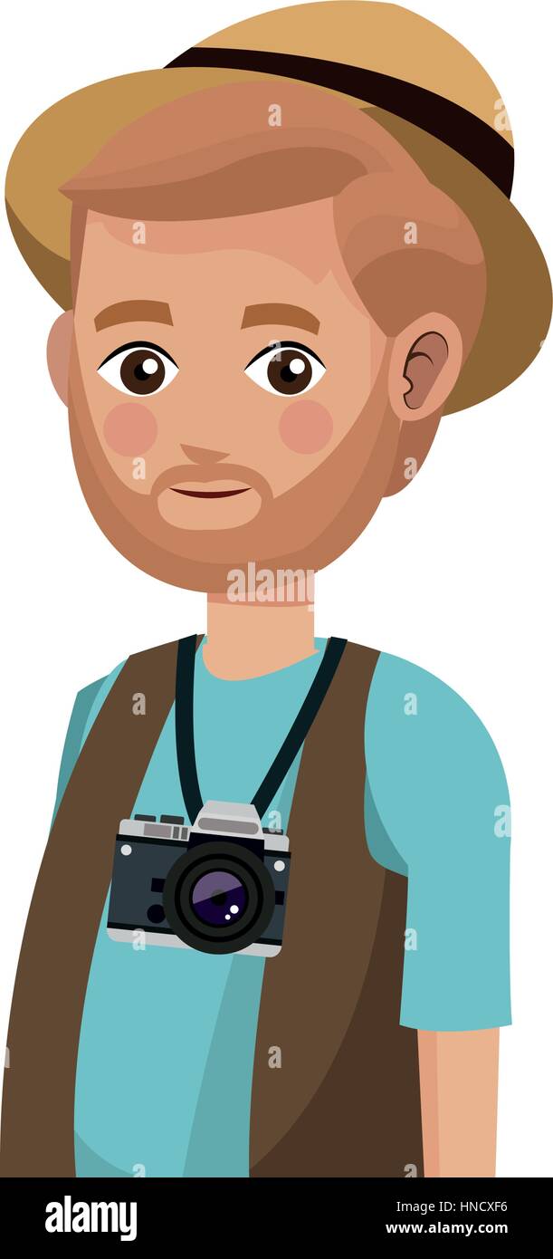 man with a photographic camera over white background. colorful design ...