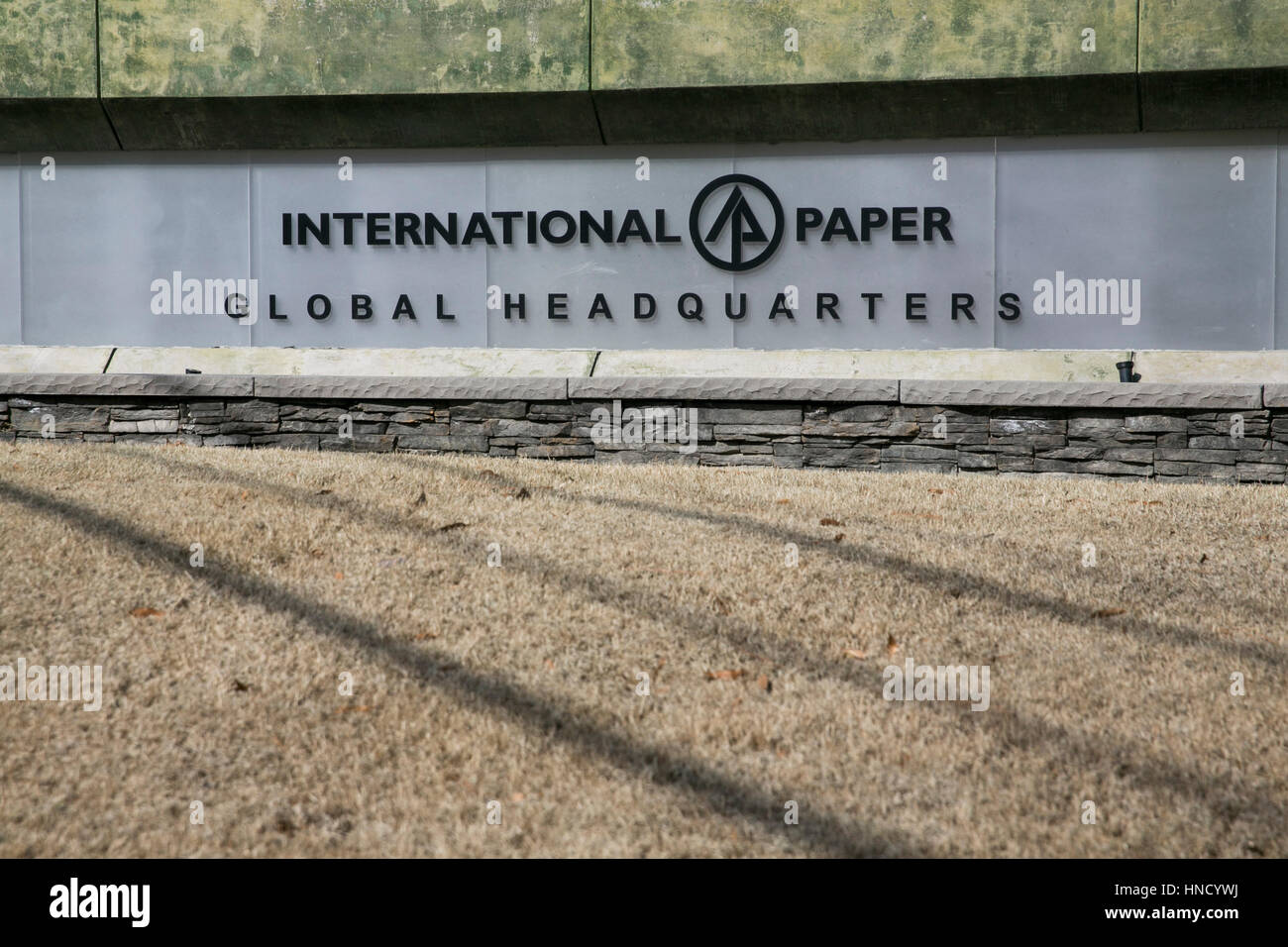 A logo sign outside of the headquarters of The International Paper ...