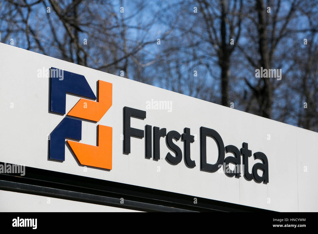 A logo sign outside a facility occupied by the First Data Corporation ...