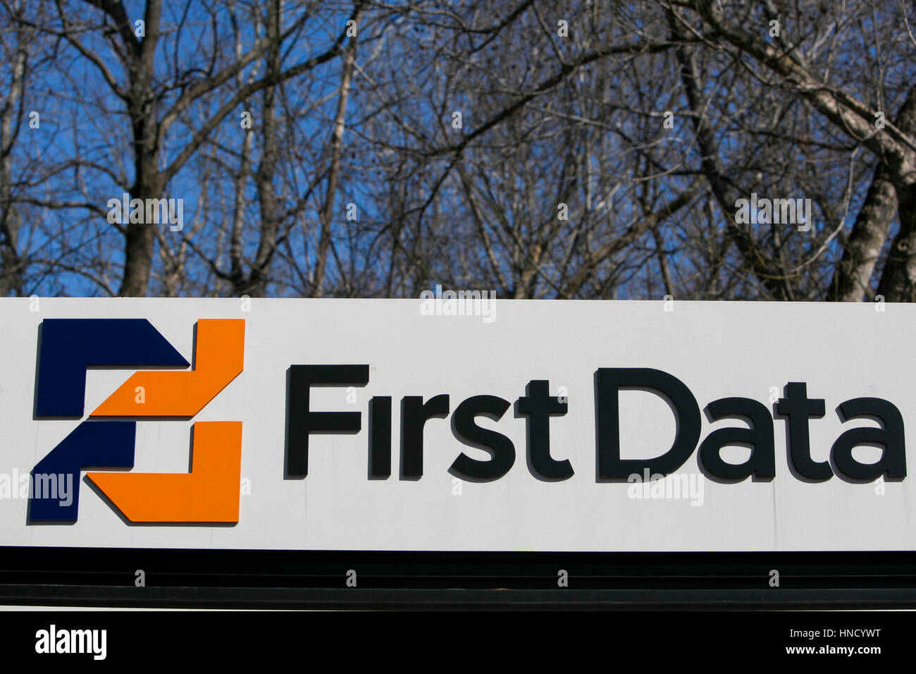 A logo sign outside a facility occupied by the First Data Corporation ...