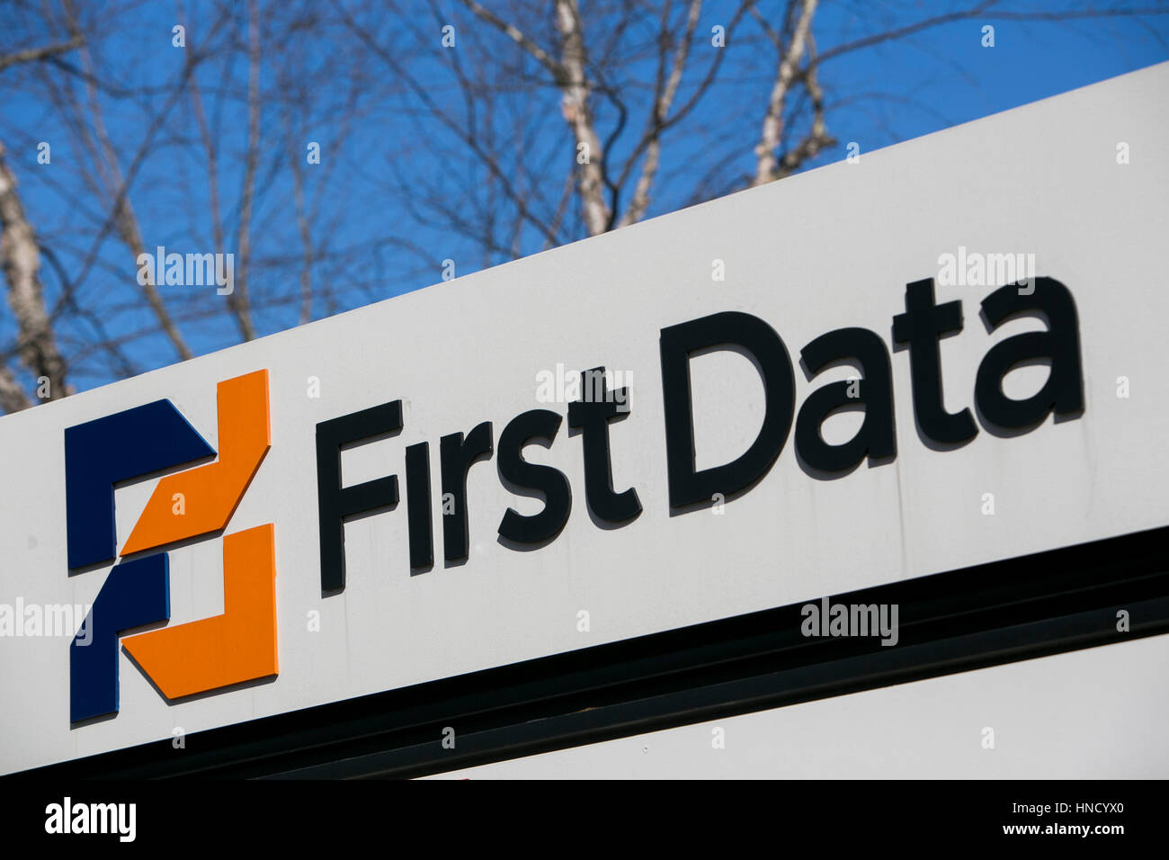 A logo sign outside a facility occupied by the First Data Corporation ...