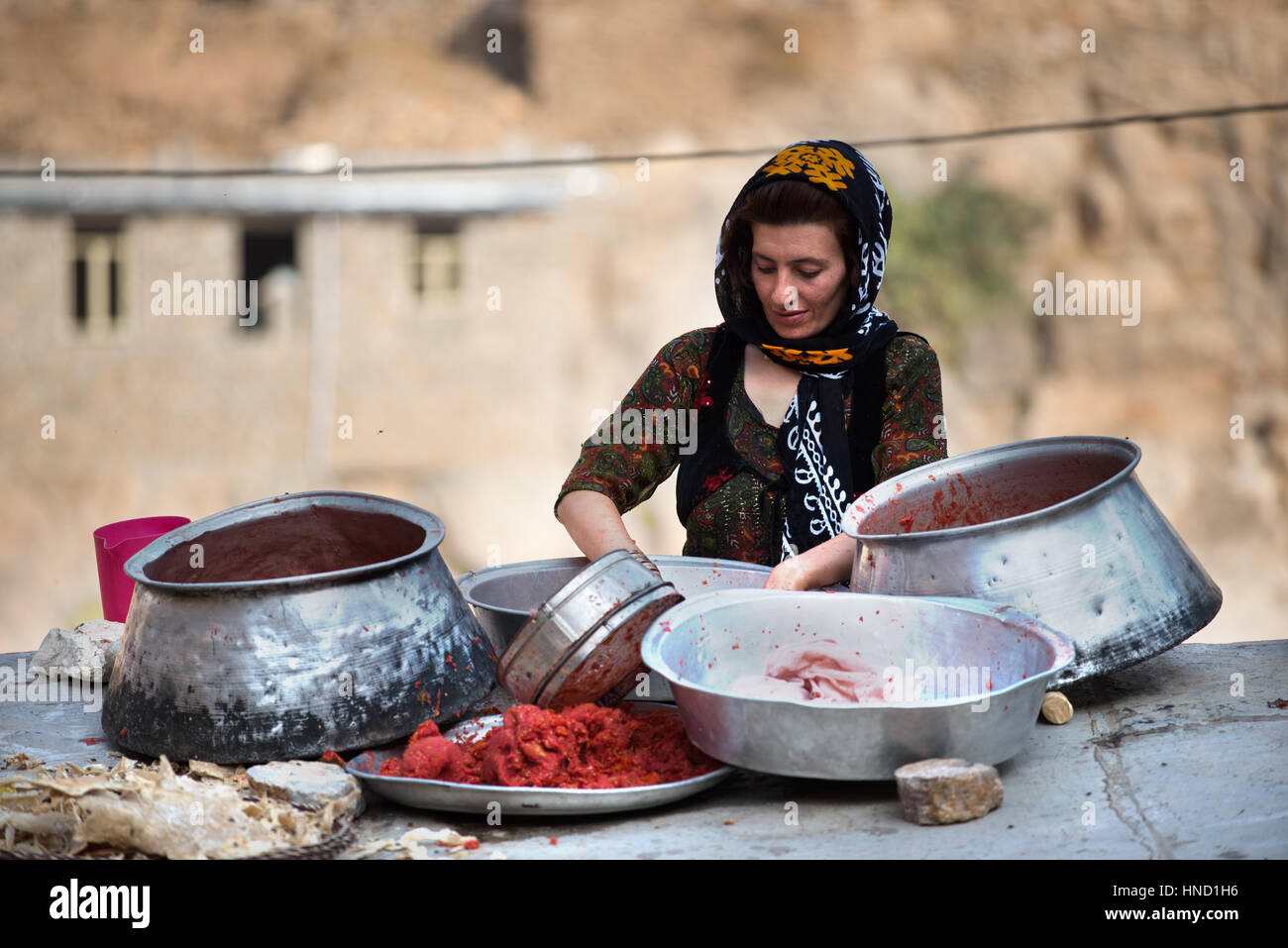 A kurdish woman preparing food, Palangan ancient village, Iranian Kurdistan, Iran Stock Photo ...