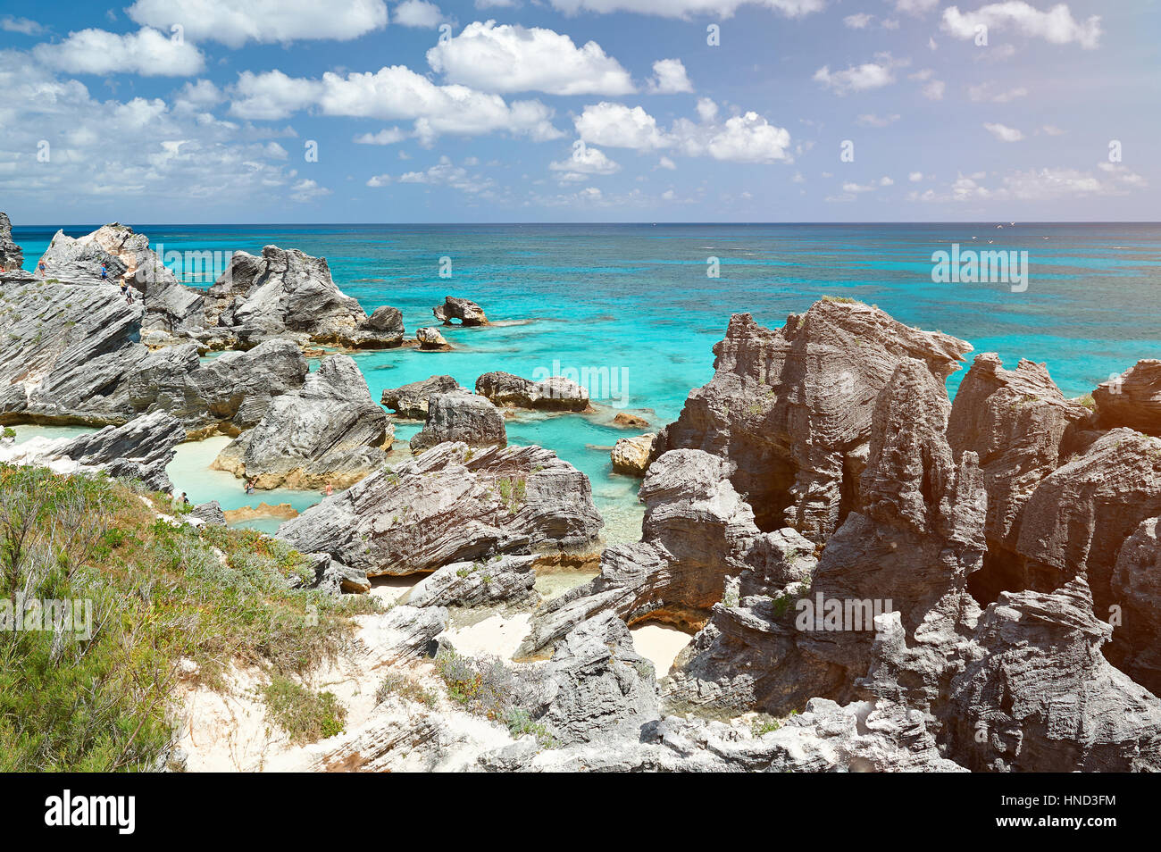 Rocky coast with blue water in Bermuda sunndy day. Ocean shore with ...
