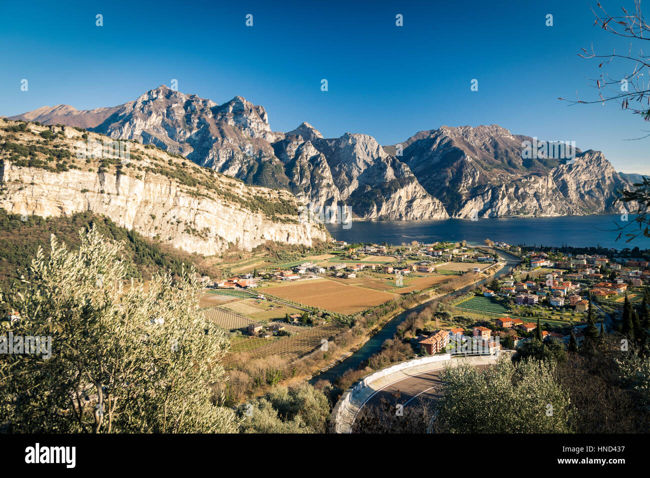 Panorama of the gorgeous Lake Garda surrounded by mountains in Riva del ...