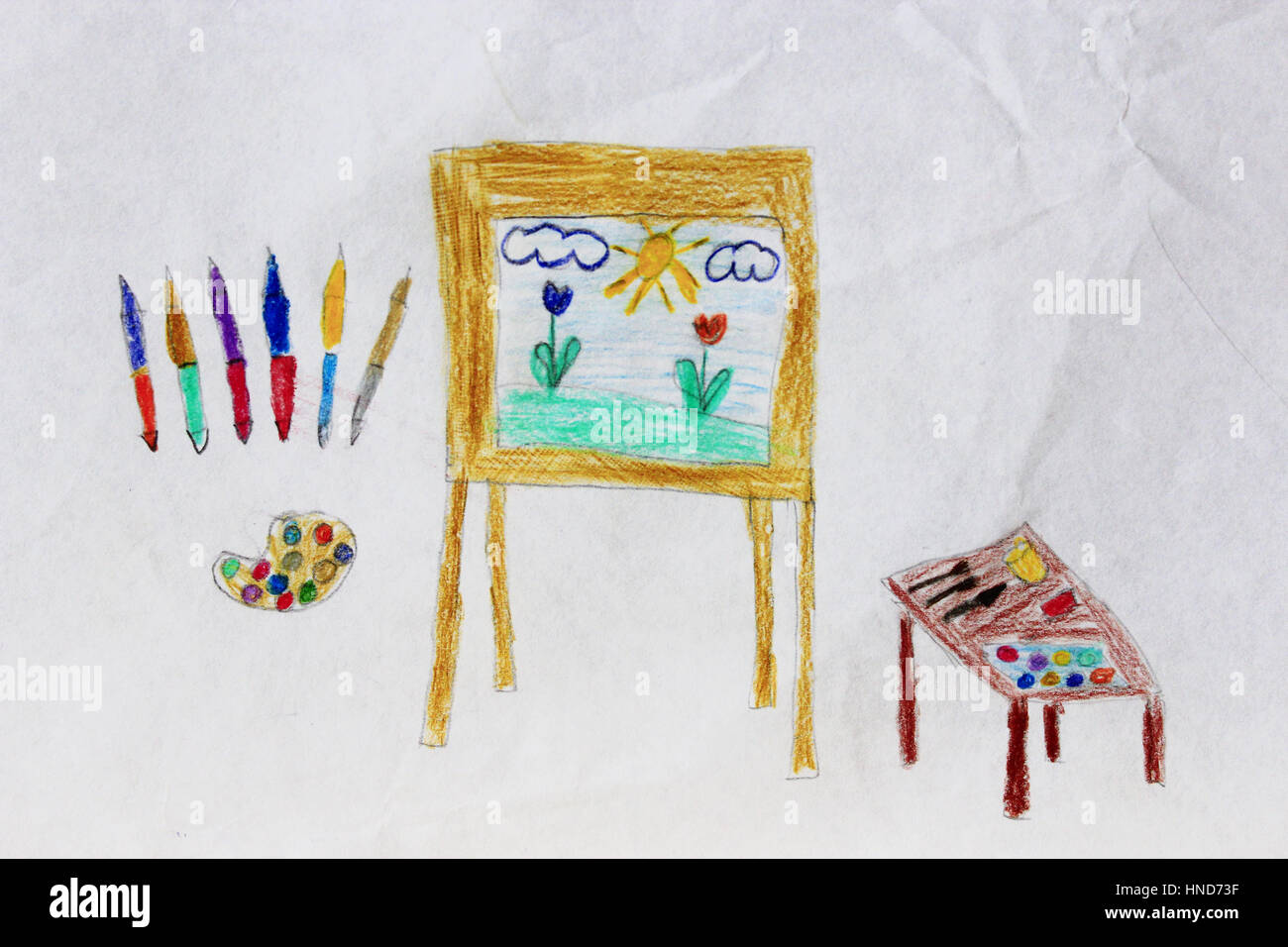 childish drawing of artist's set easel brushs and drawing Stock Photo ...