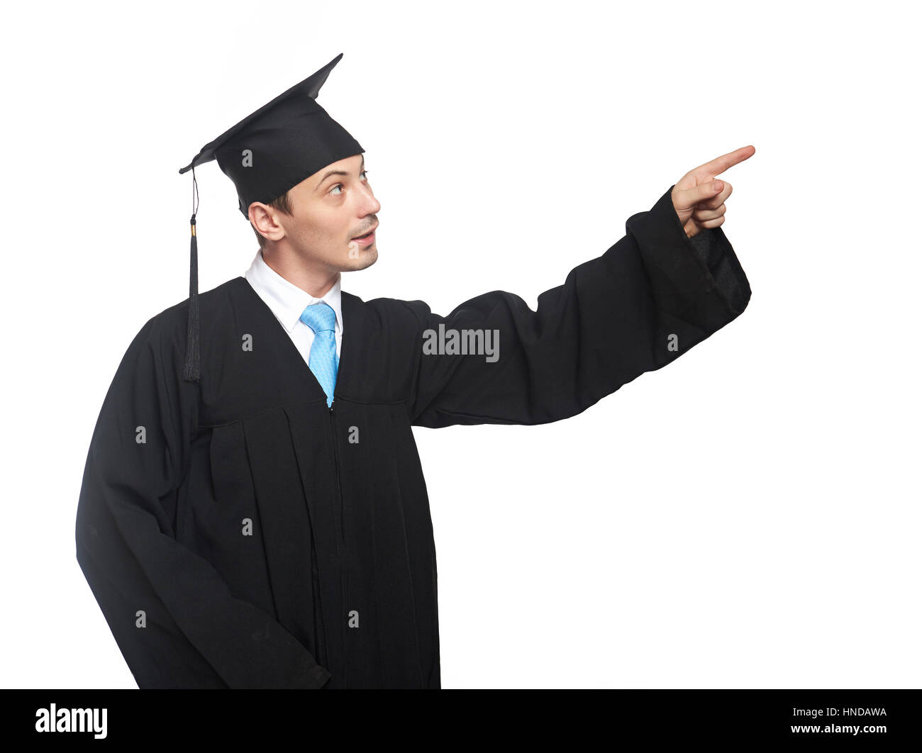 Gtaduation student pointing with finger isolated on white background ...