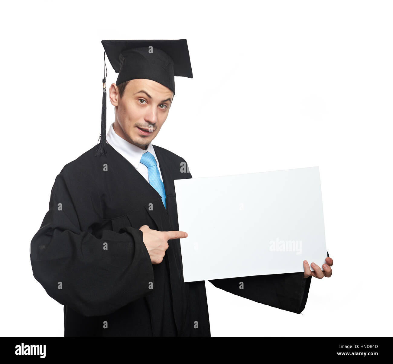 Graduating student man with white board isolated Stock Photo - Alamy