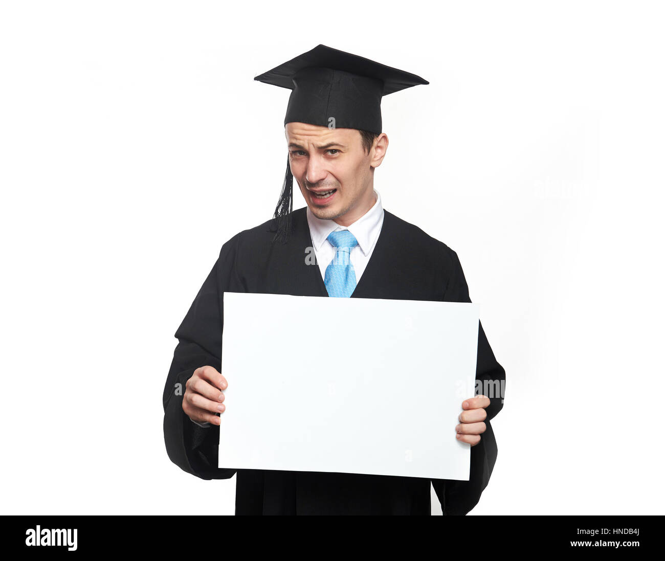 Sad student with empty board isolated on white background Stock Photo ...