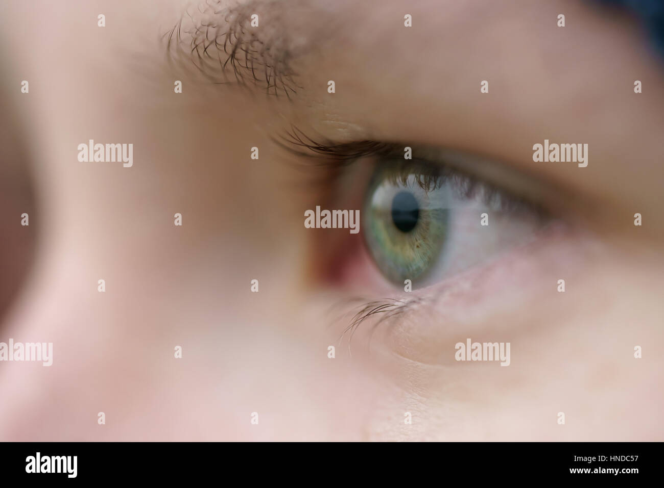 Closeup of teenage girl eye without makeup looking straight outdoors ...