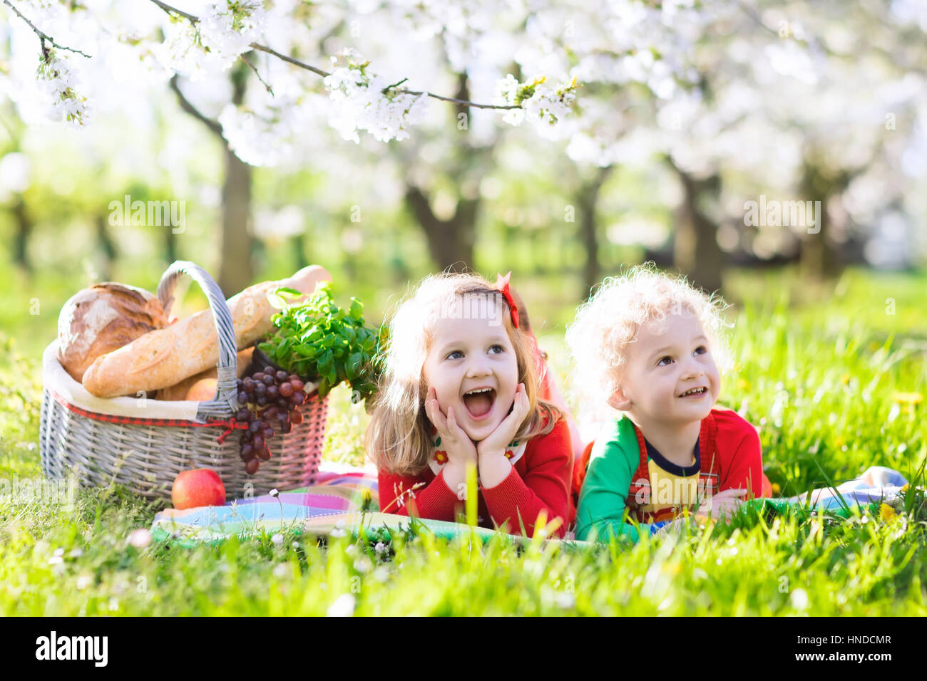 Little children eating lunch outdoors. Kids with picnic basket in ...