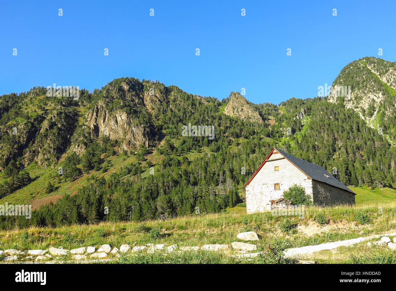 Panoramic of Aran valley in the Catalan Pyrenees, Spain. The main crest ...