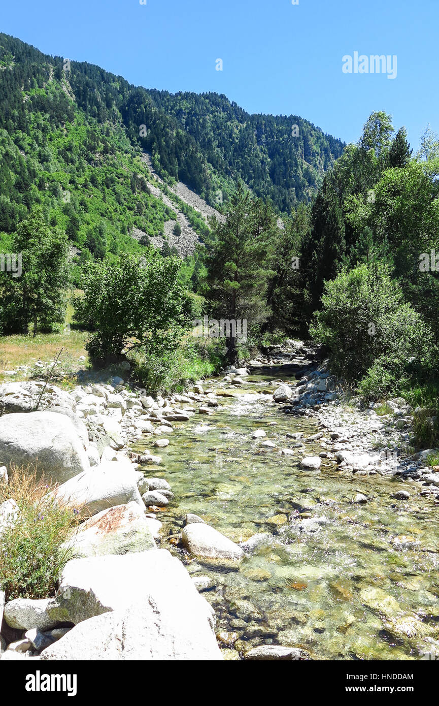 River of Aran valley in the Catalan Pyrenees, Spain. The main crest of ...