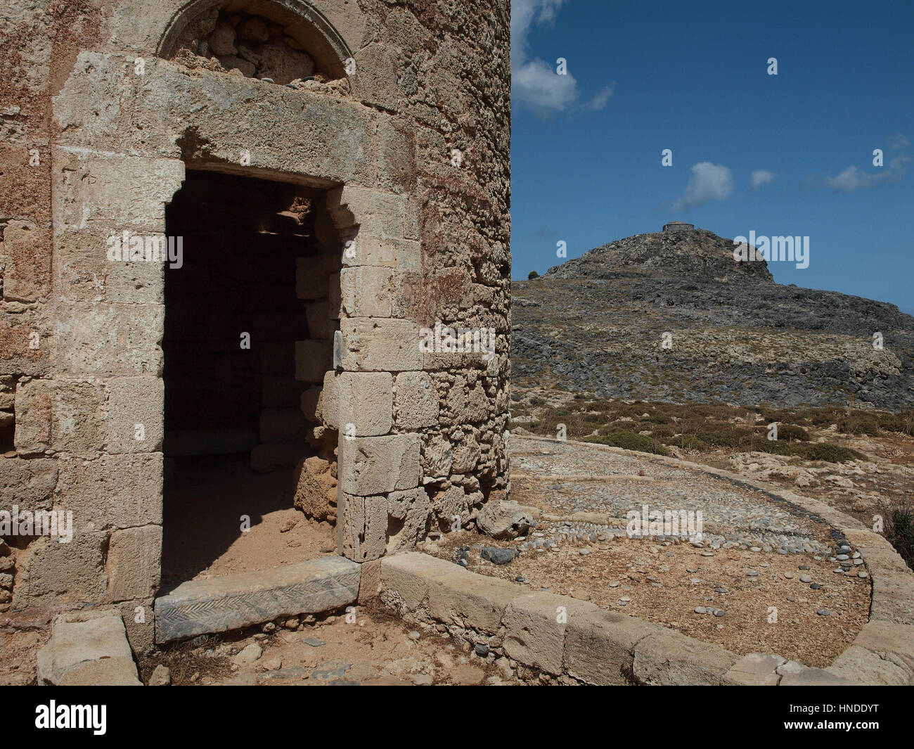 Abandoned windmill near Lindos on the Greek island of Rhodes Stock ...