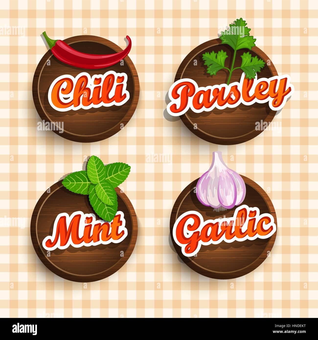 Stickers with wooden texture and names of spices, a vector illustration ...