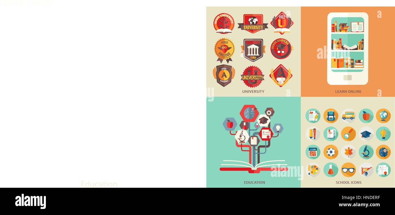 Set the flat elements and icons school and science, university and ...