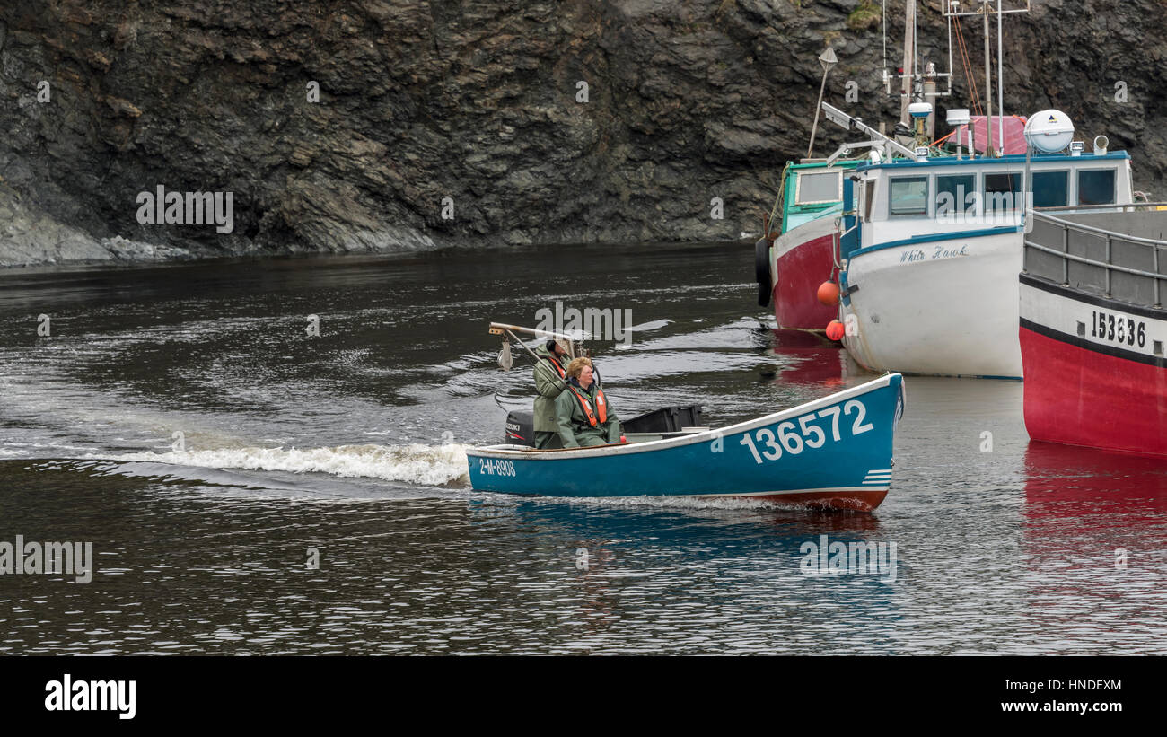 Lobster fishers coming into harbour, Trout River, Newfoundland Stock ...
