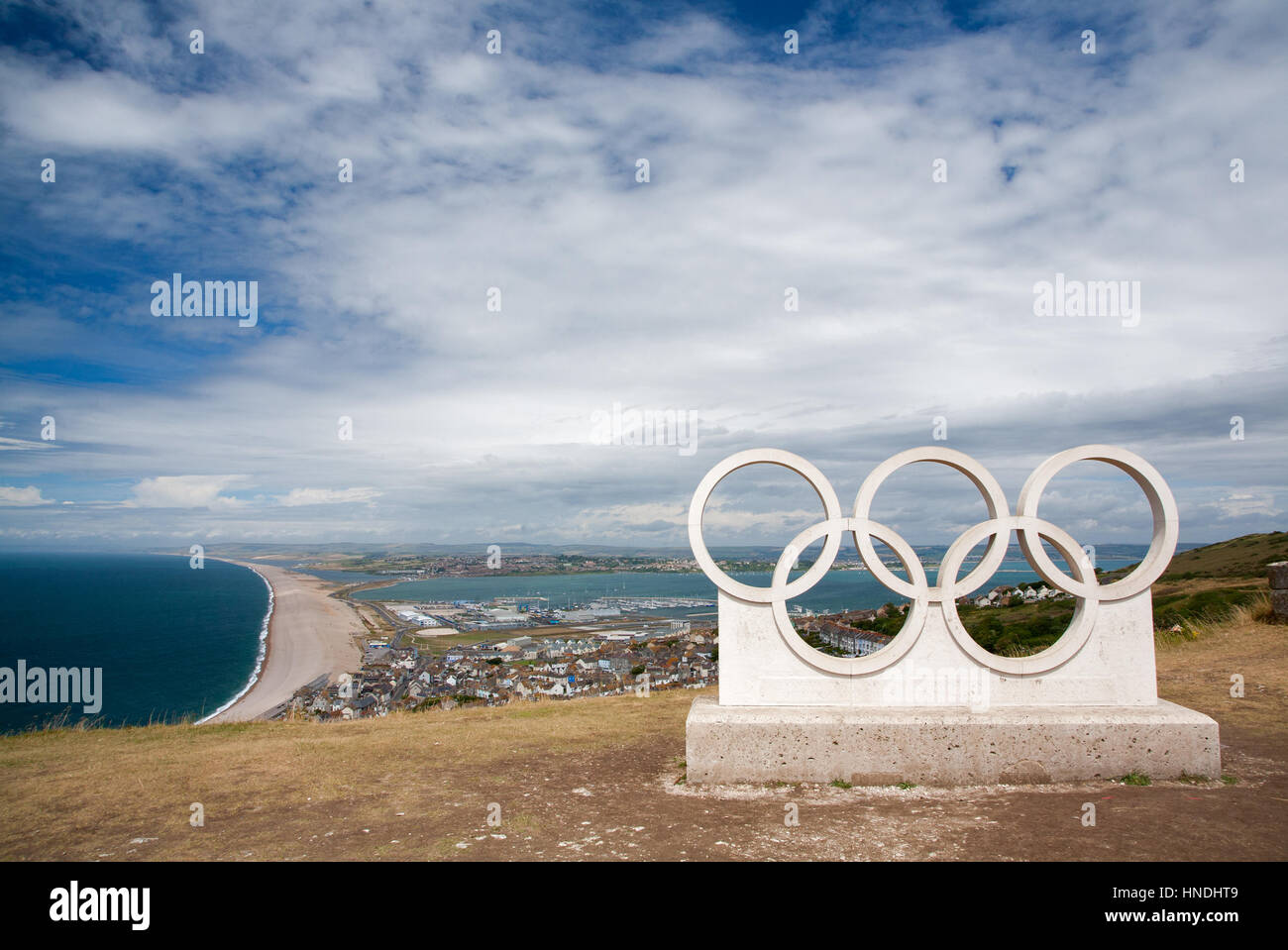View across Portland, Chesil Beach & Weymouth harbour through the ...