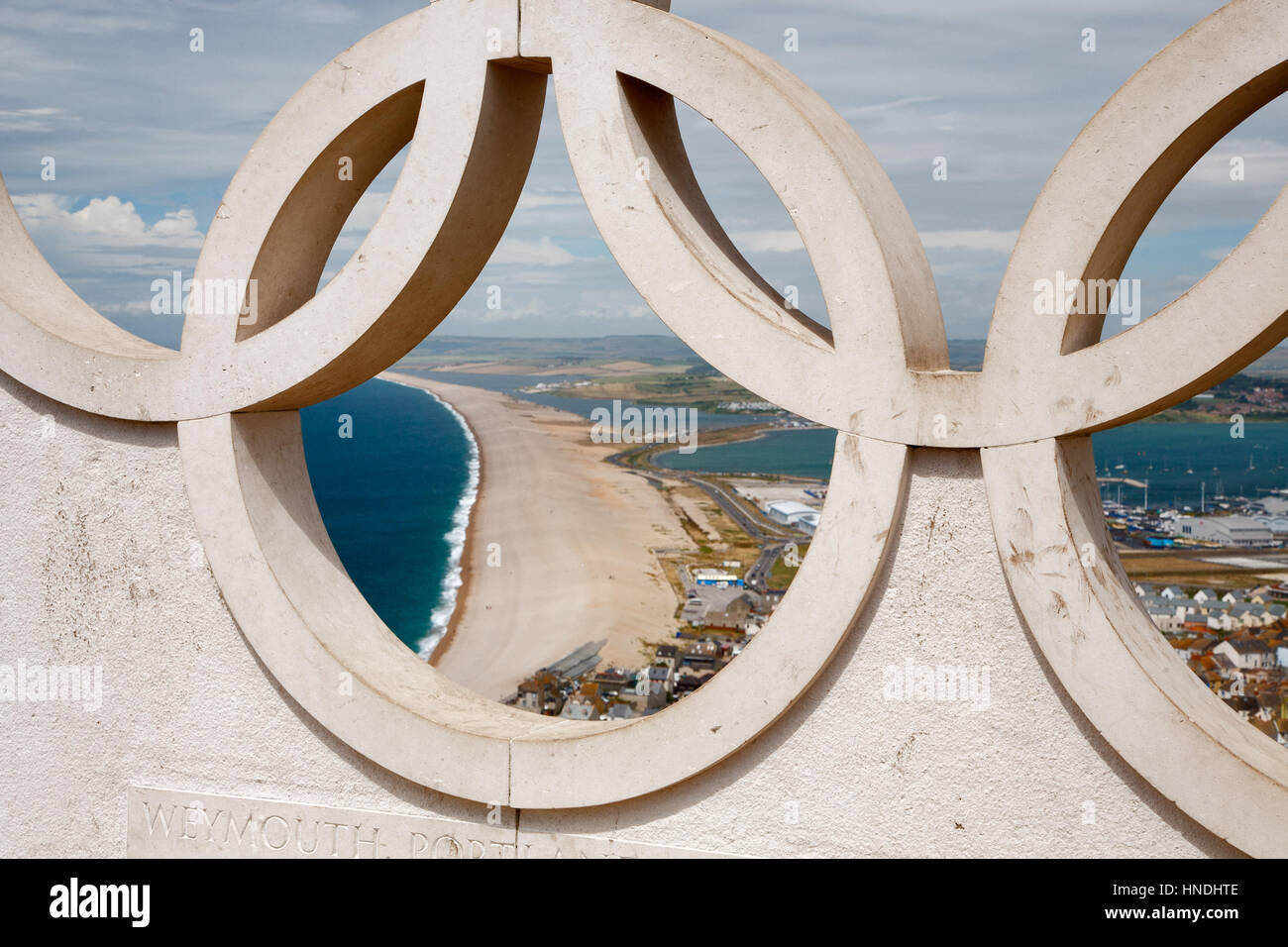 View across Portland, Chesil Beach & Weymouth harbour through the ...