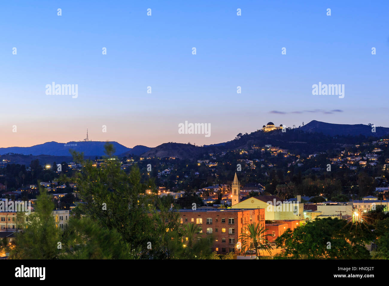 Griffith observatory and church landscape from Barnsdall Art Park Stock ...