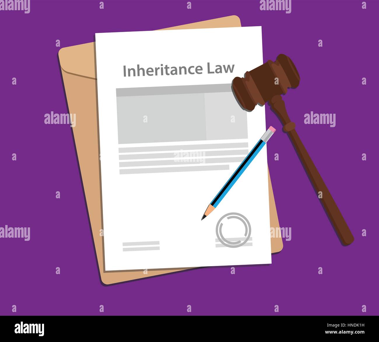 inheritance law concept illustration with paperworks, pen and a judge ...