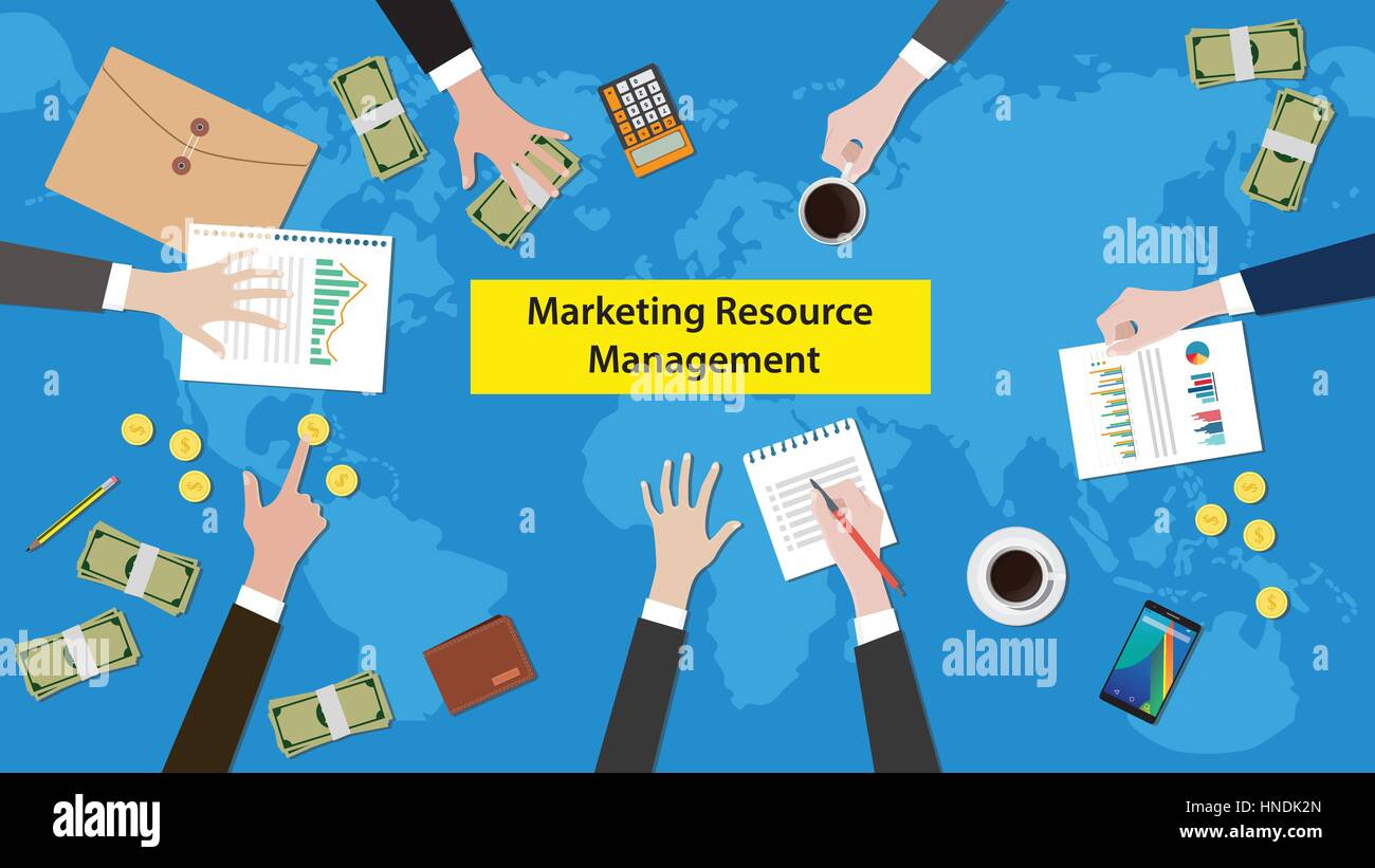 discussion about marketing resource management on a meeting table ...